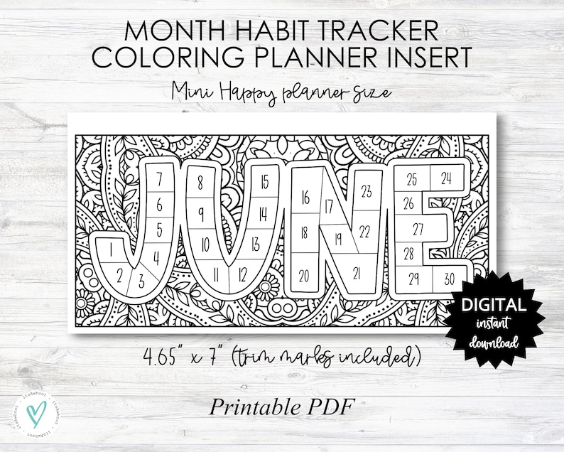June Habit Tracker Coloring Sheet Printable Happy Planner MINI Size ...
