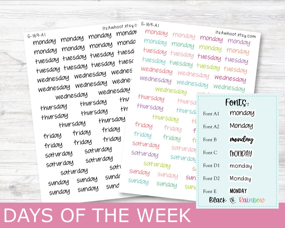DAYS of the WEEK Script Planner Stickers - Multiple Fonts/colors ...