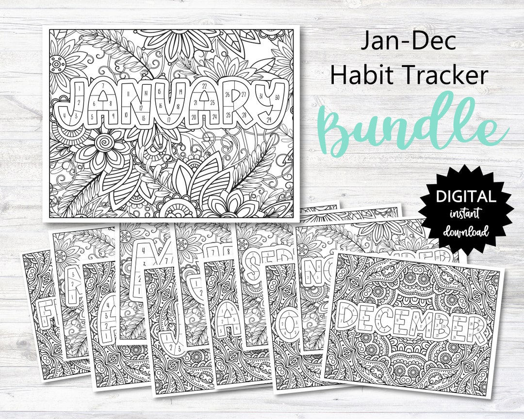 January - December Habit Tracker Coloring Sheets Printable Bundle ...