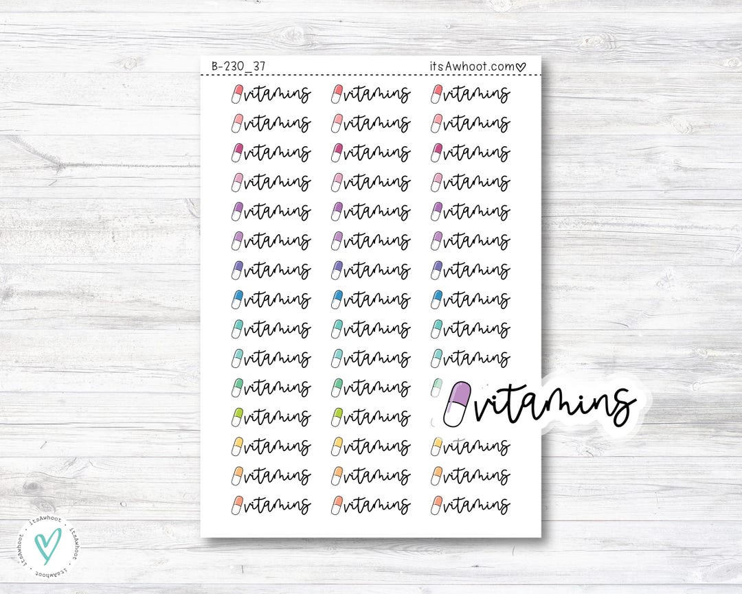 Vitamins Script Stickers, Vitamins Planner Stickers, Vitamins With Icon ...
