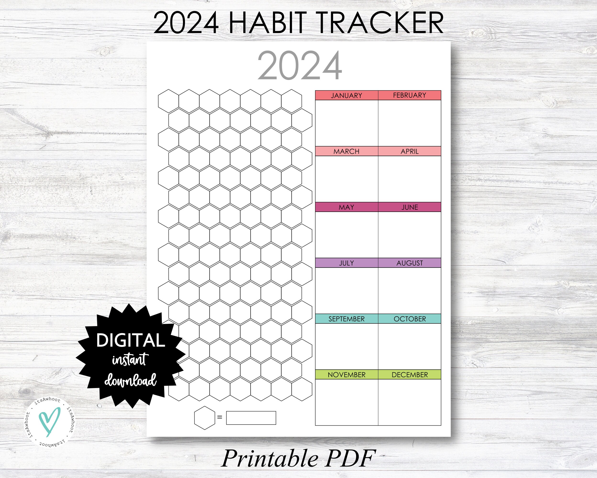 2024 Habit Tracker imprimible, Página del planificador de descarga ...