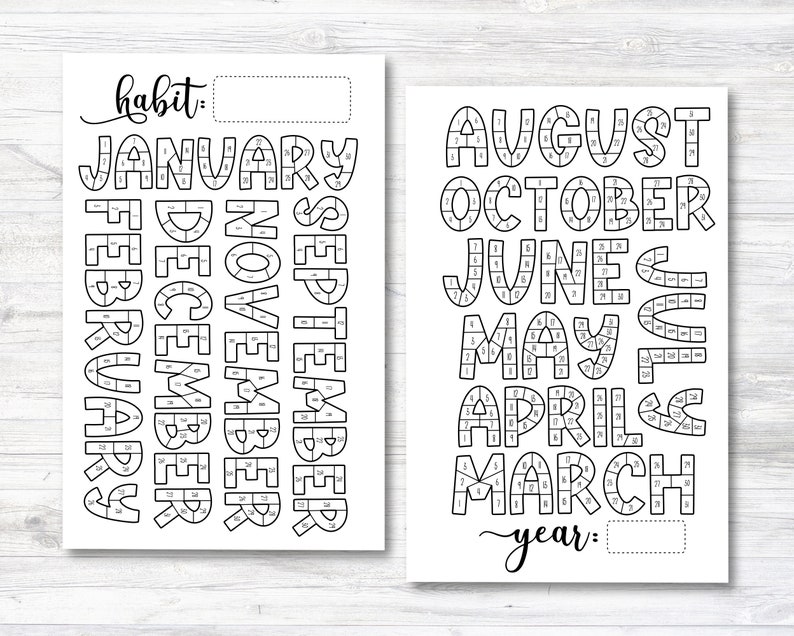 PRINTABLE N001 Month Habit Tracker Coloring Sheet Year Habit Tracker ...
