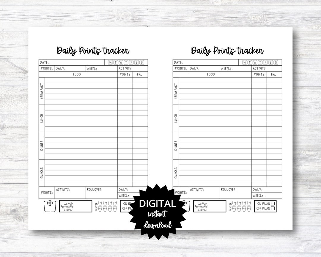 Daily Points Tracker, Point Tracker Planner Page - Half Sheet - Black ...