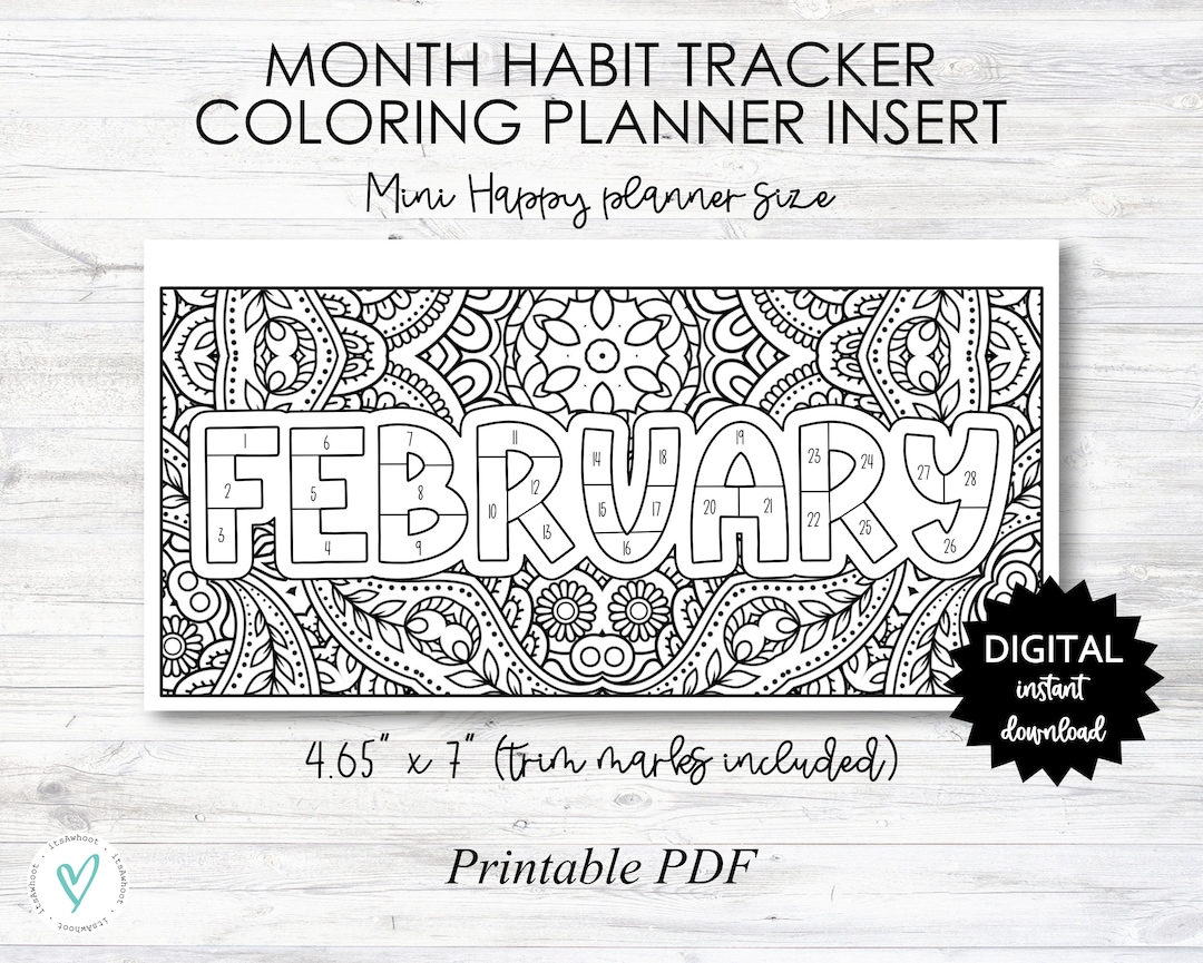 February Habit Tracker Coloring Sheet Printable - Happy Planner MINI ...