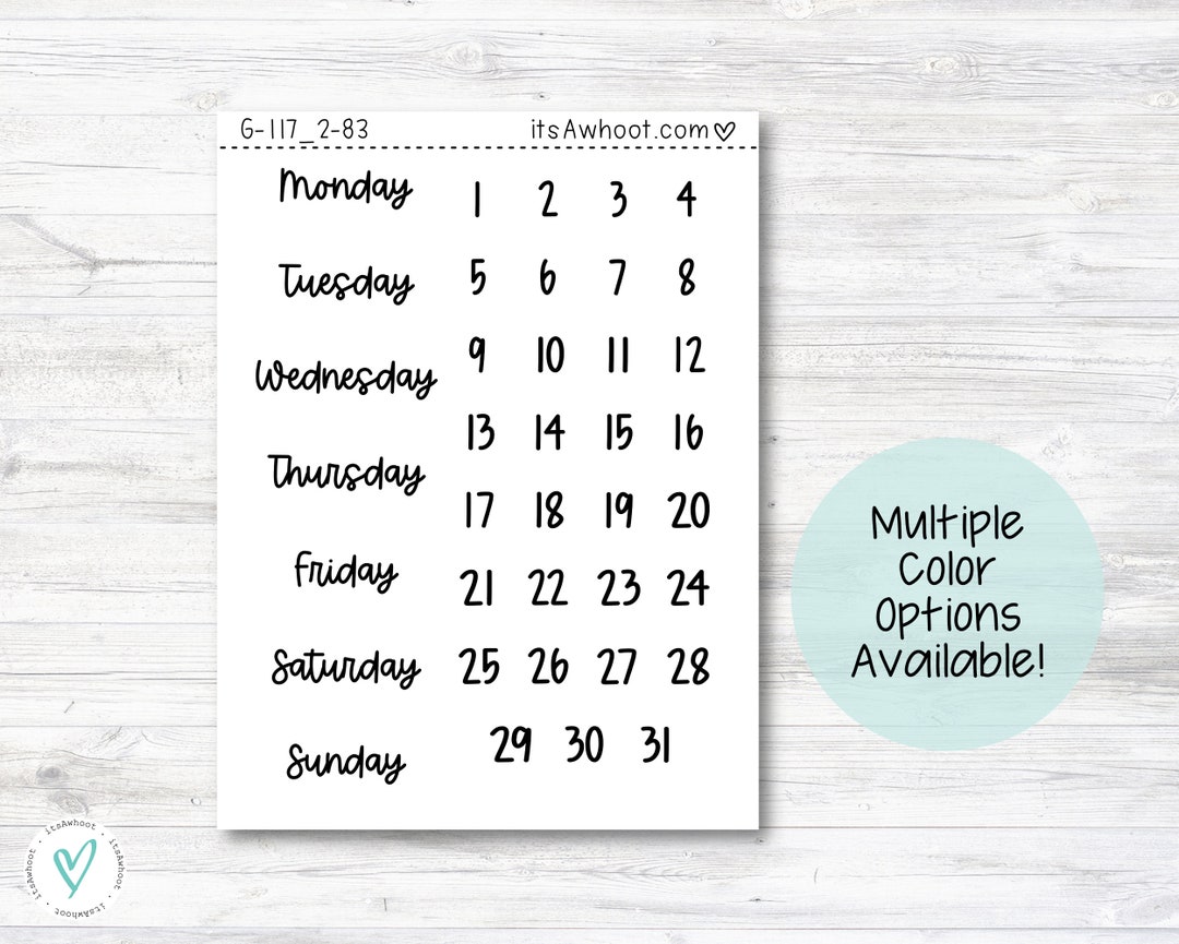 Days of the Week and Date Dots Planner Stickers (G117_2) - Etsy