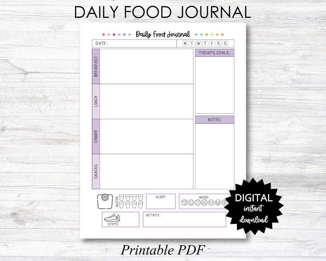 Daily Food Journal, Daily Food Journal Printable, Daily Food Journal Planner Page, Food Diary ...