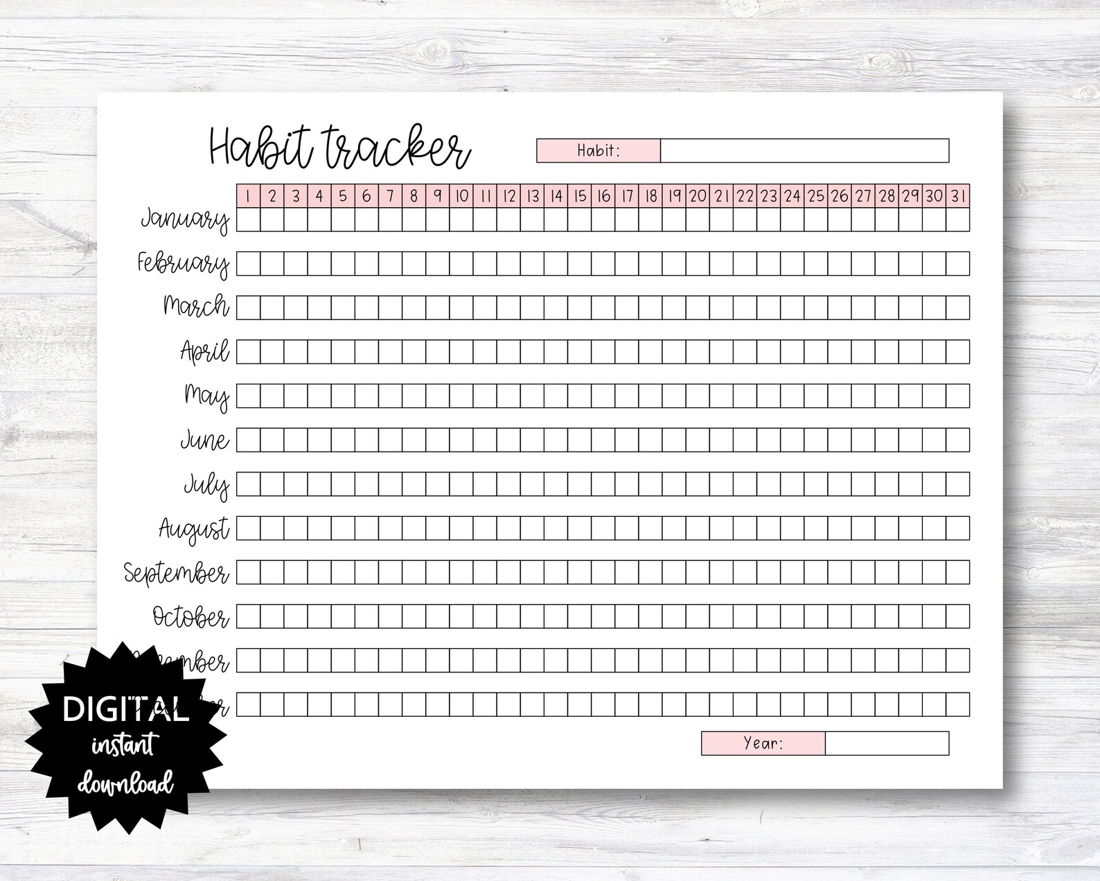 Yearly Habit Tracker Printable Daily Habit Tracker Month - Etsy