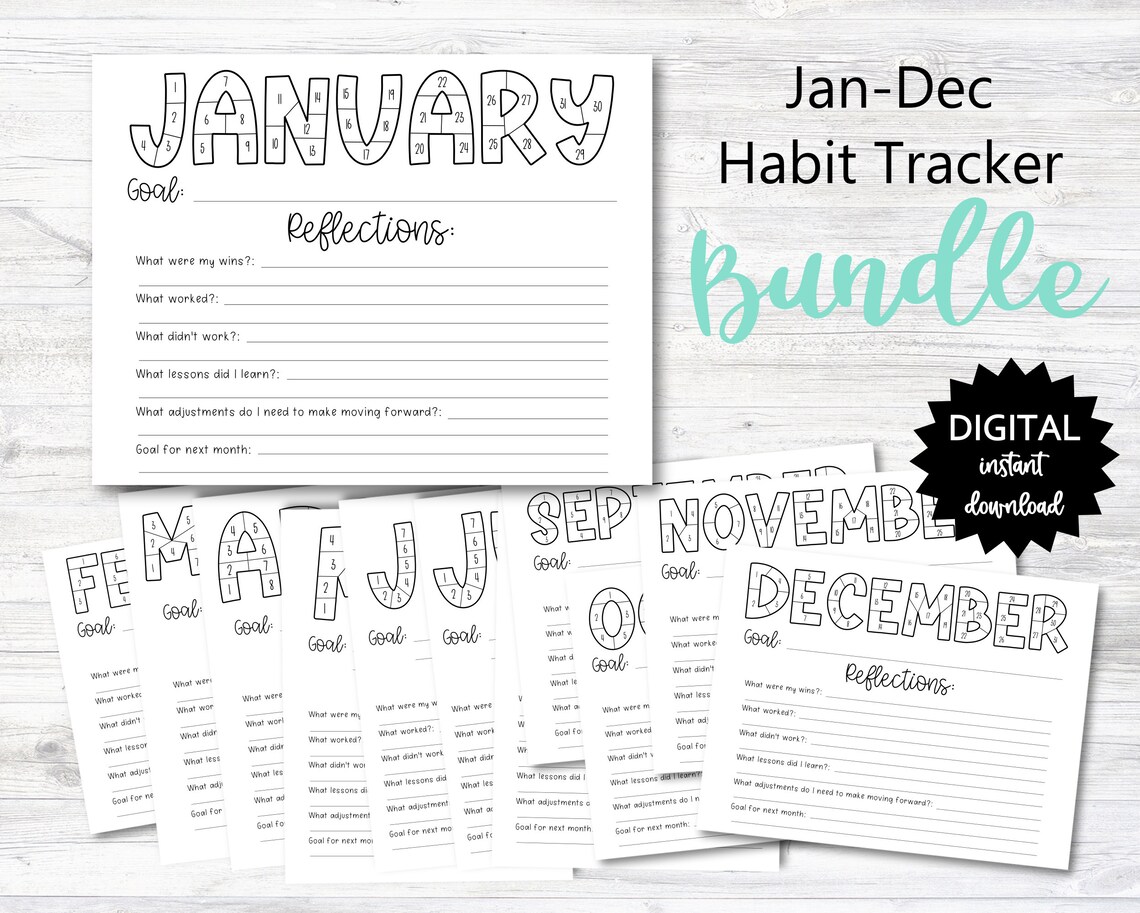 January - December Habit Tracker Coloring Sheets Printable Bundle ...