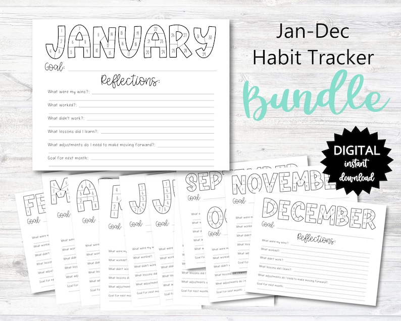 January December Habit Tracker Coloring Sheets Printable Bundle, Month ...