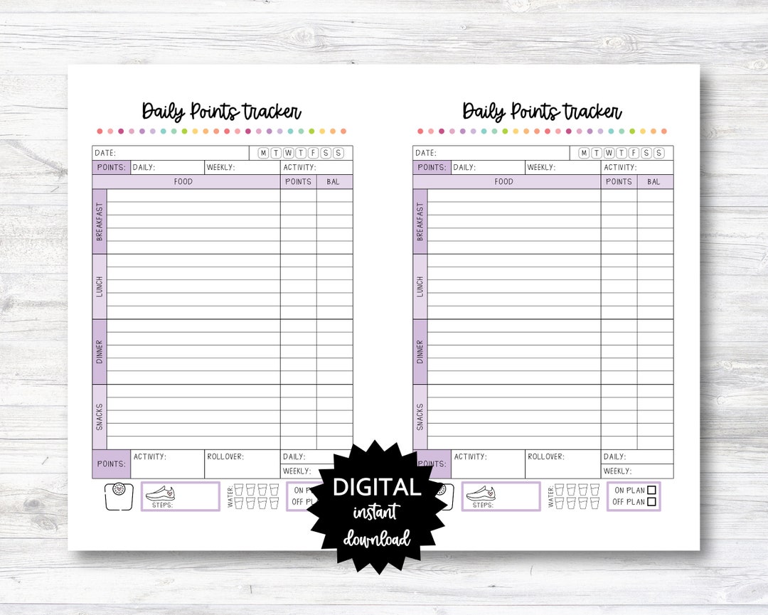 Daily Points Tracker, Point Tracker Planner Page - Half Sheet ...