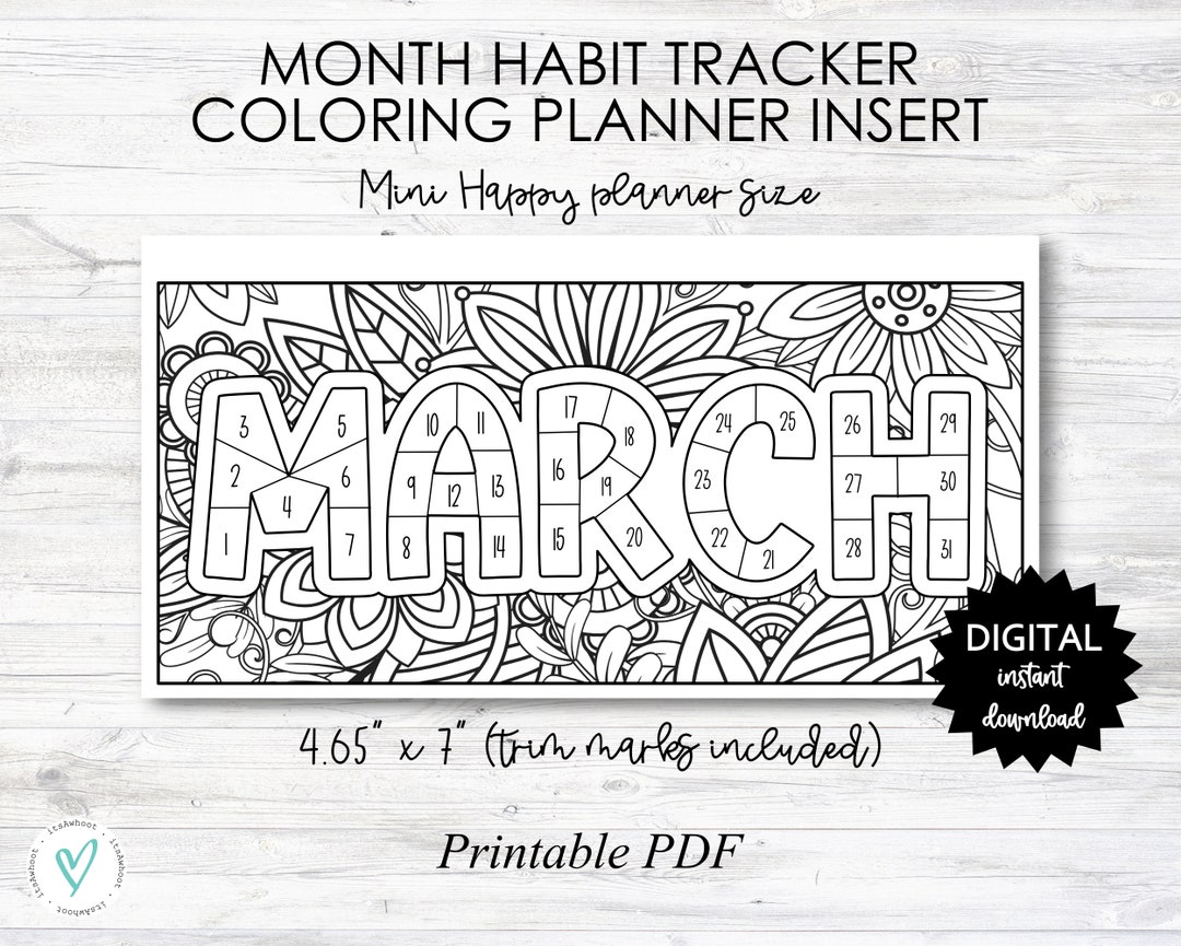 March Habit Tracker Coloring Sheet Printable - Happy Planner MINI Size ...