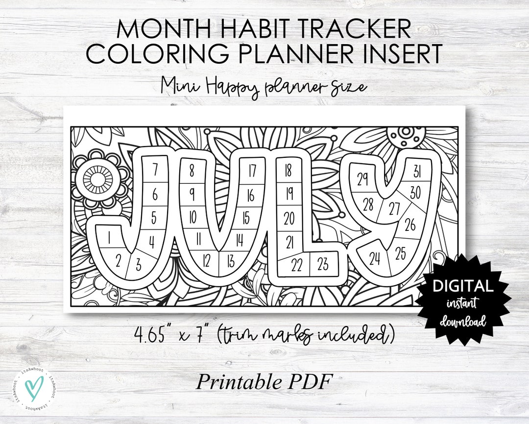 July Habit Tracker Coloring Sheet Printable - Happy Planner MINI Size ...