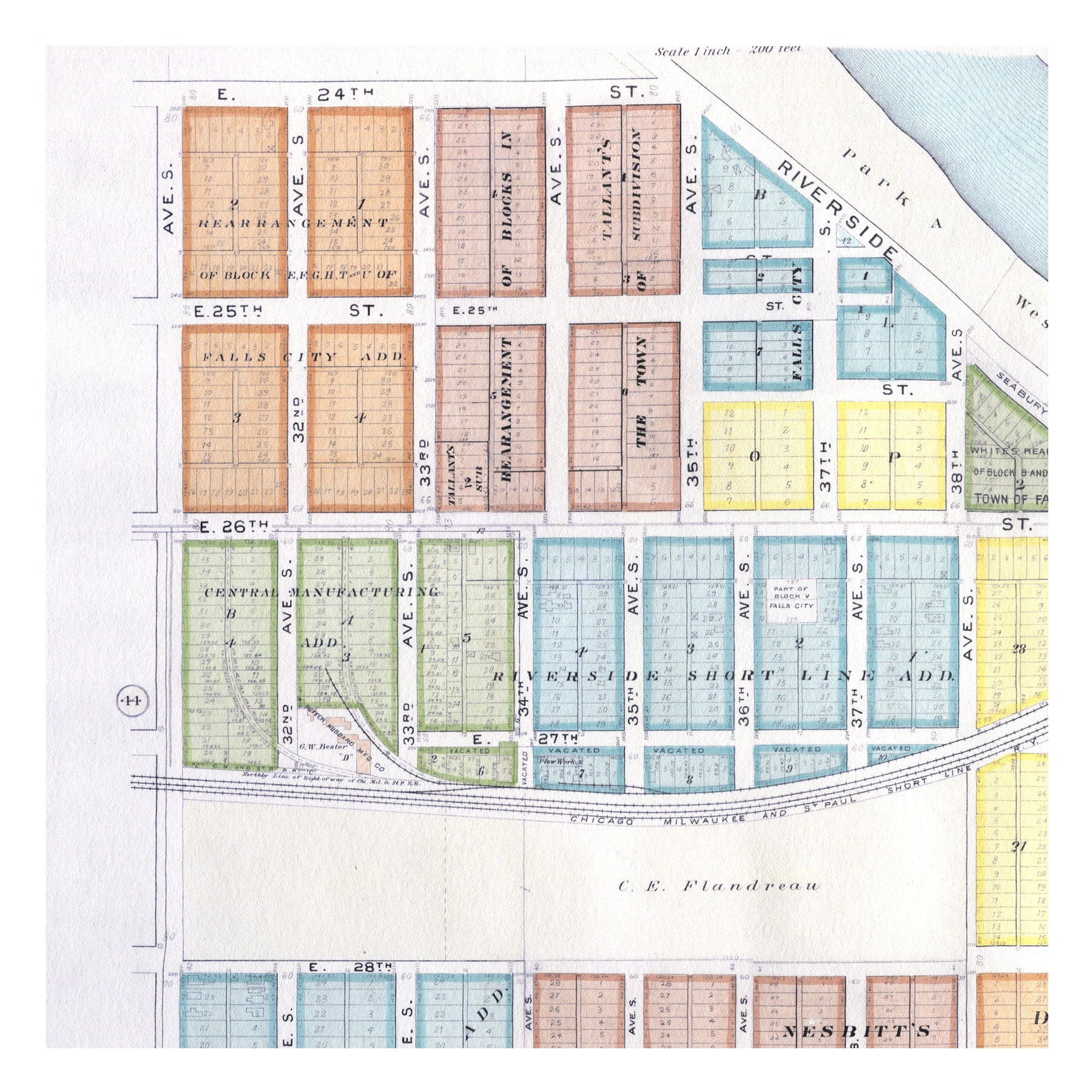 Hand Painted Map of Minneapolis, 1903 / Minnehaha Parkway, West River ...