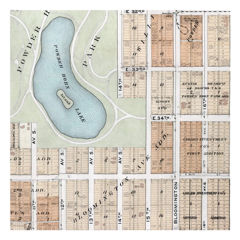 Hand Painted Map of Minneapolis, 1903 / Powderhorn Park & Lake ...