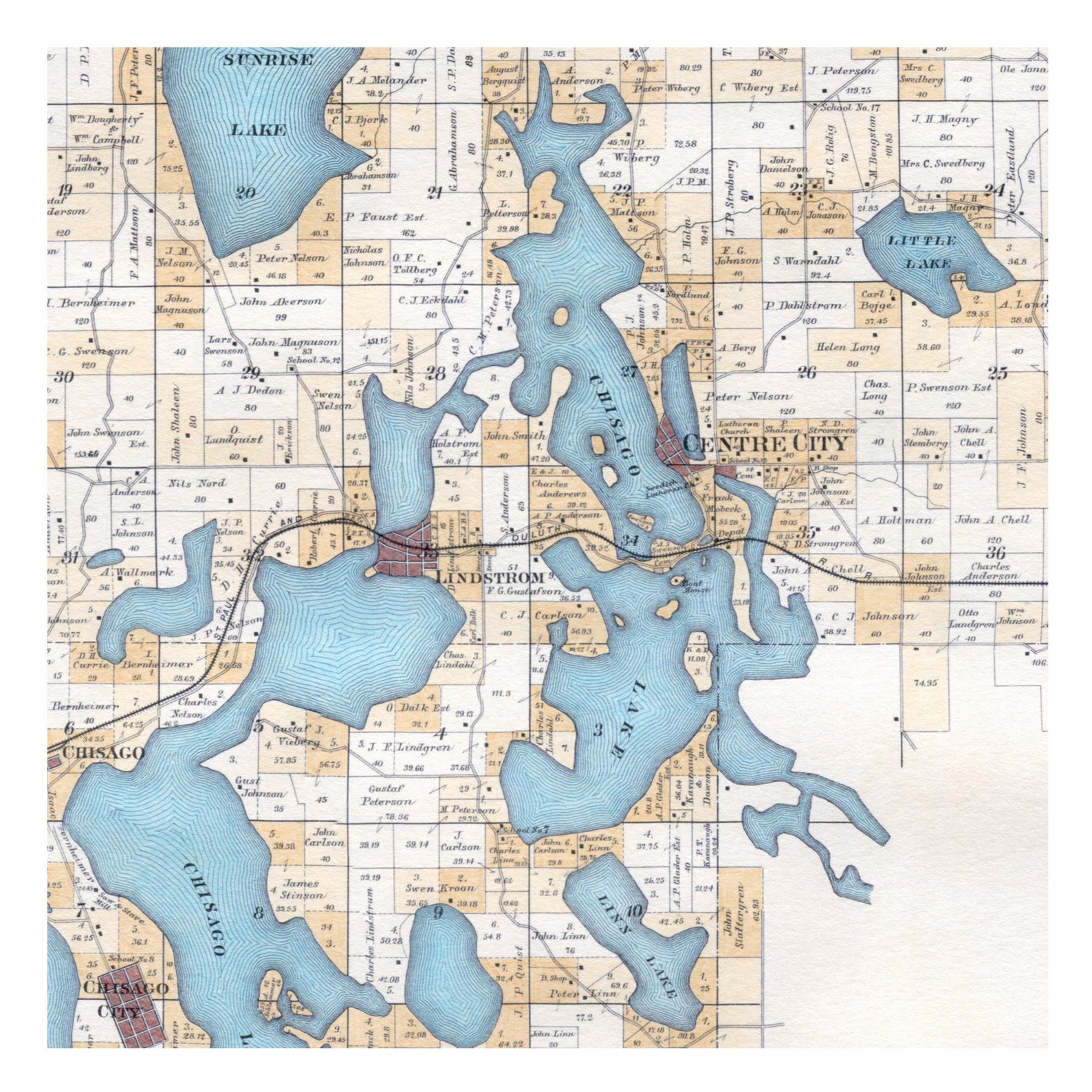 Hand Painted Map of Chisago Lakes Minnesota, 1888 / Vintage Chisago Map ...