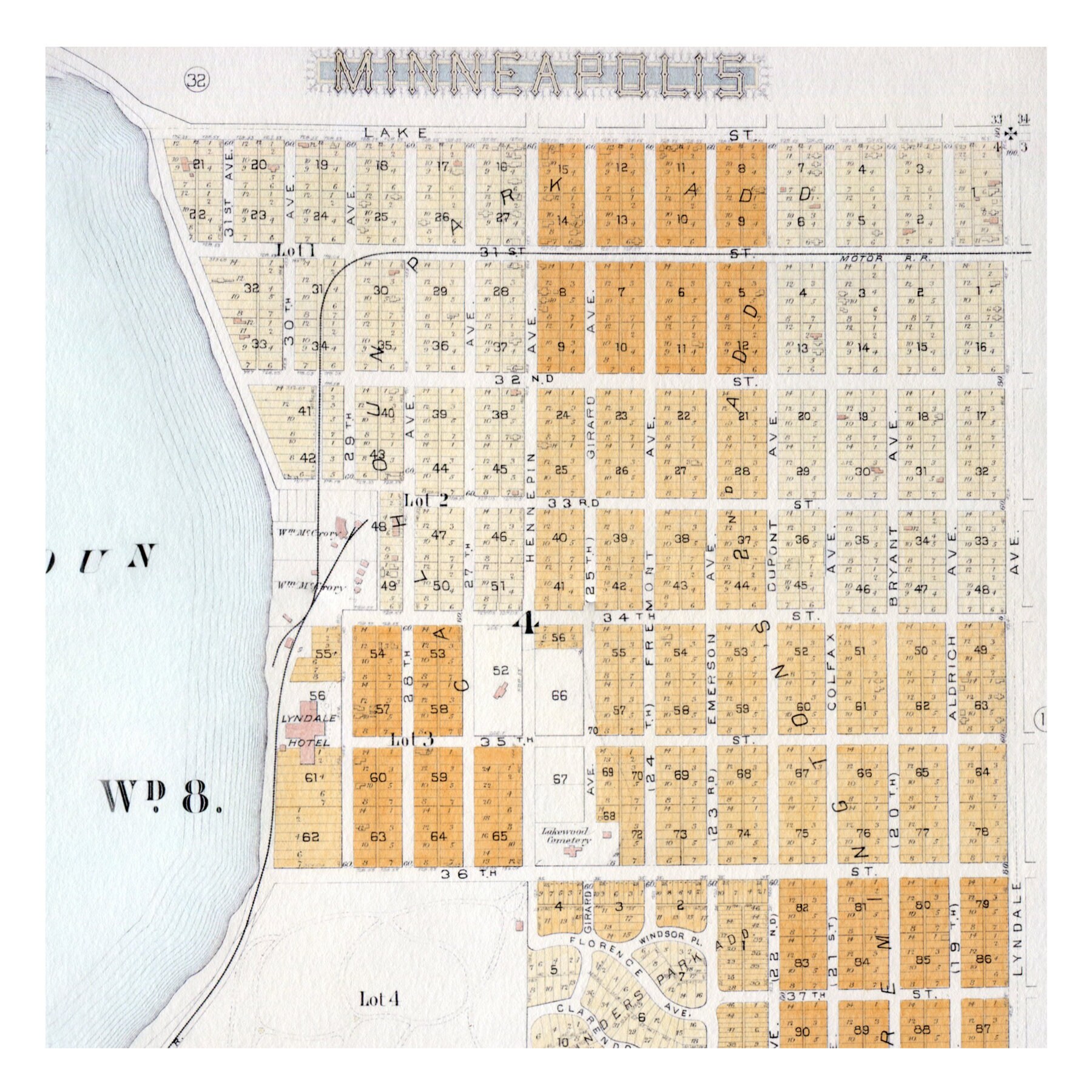 Hand Painted Map of Minneapolis, 1885 / Lake Calhoun / Bde Maka Ska ...