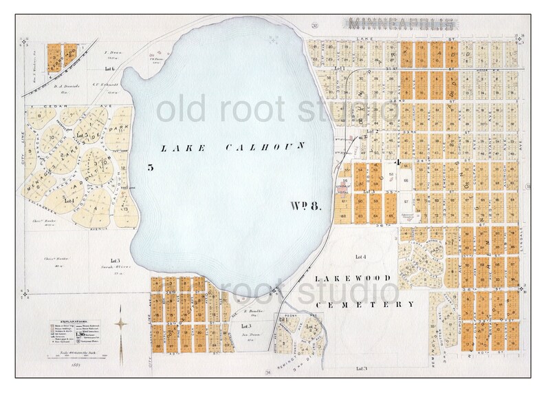 Hand Painted Map of Minneapolis, 1885 / Lake Calhoun / Bde Maka Ska ...