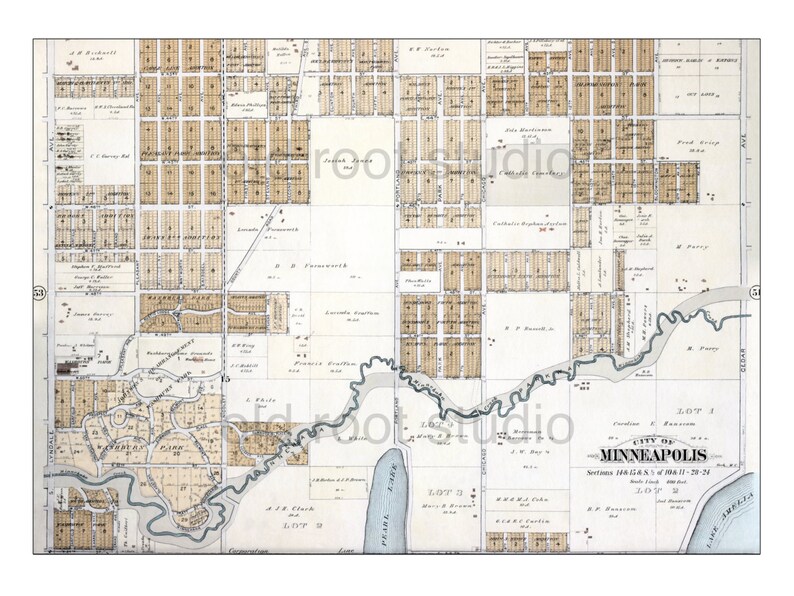 Hand Painted Map of Minneapolis, 1892 / Diamond Lake / Minnehaha Creek ...