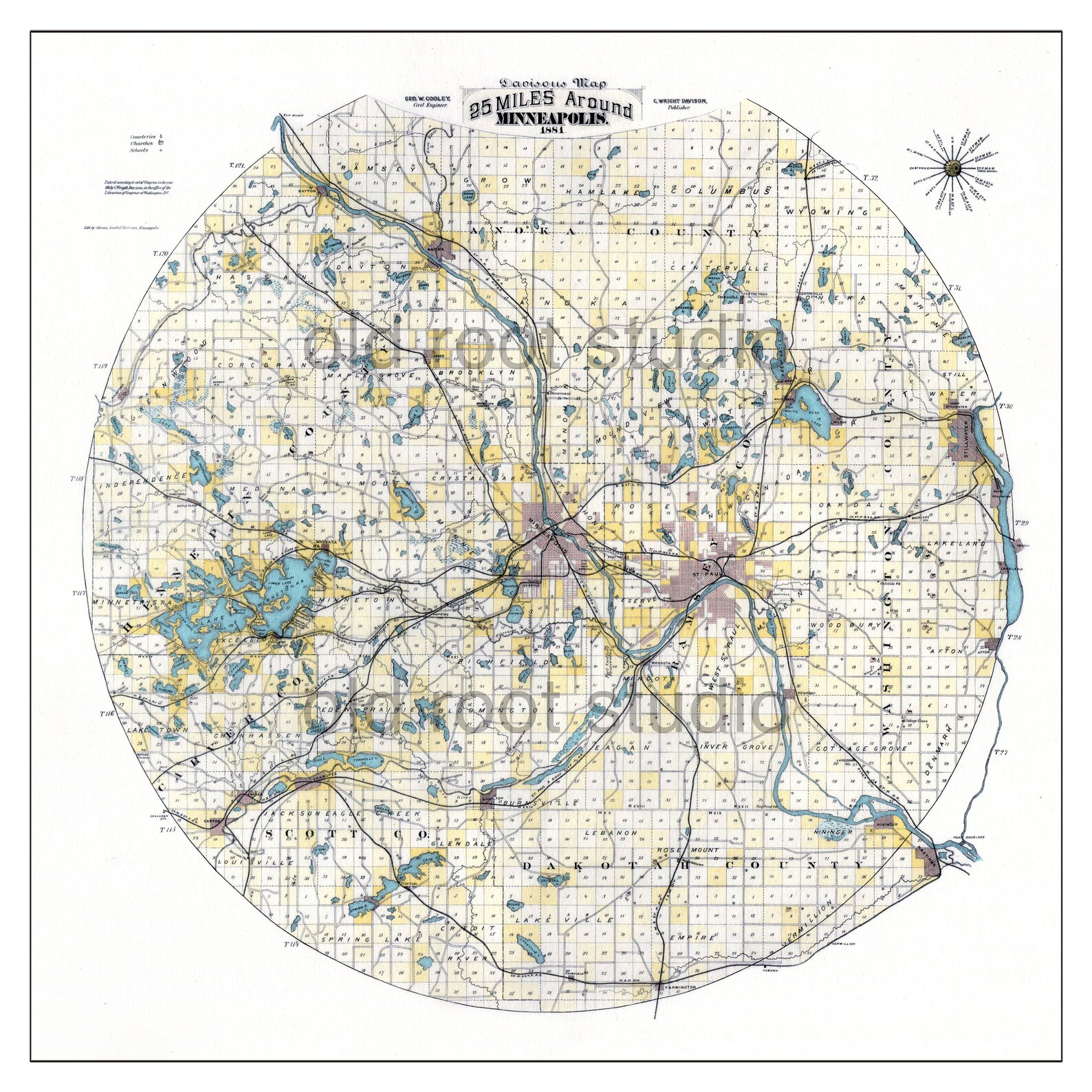 Hand Painted Map of Minneapolis, St Paul and Vicinity, 1881 / Twin ...