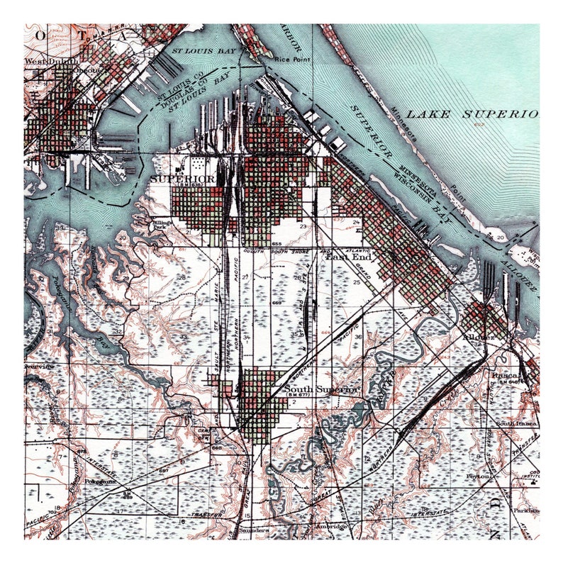 Hand Painted Map of Duluth, Minnesota and Superior, Wisconsin, 1895 ...