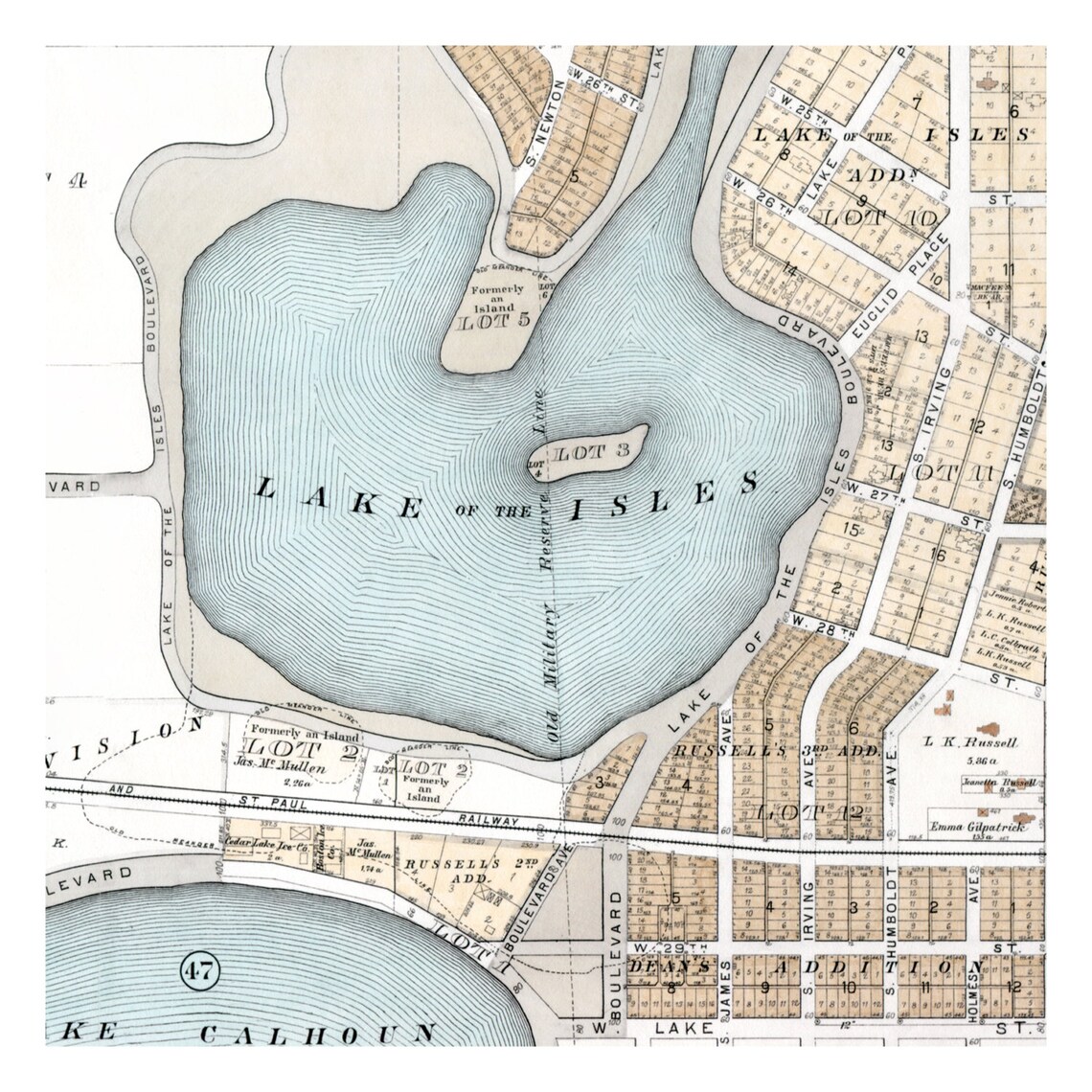 Hand Painted Map of Minneapolis, 1892 / Lake Calhoun / Cedar Lake ...