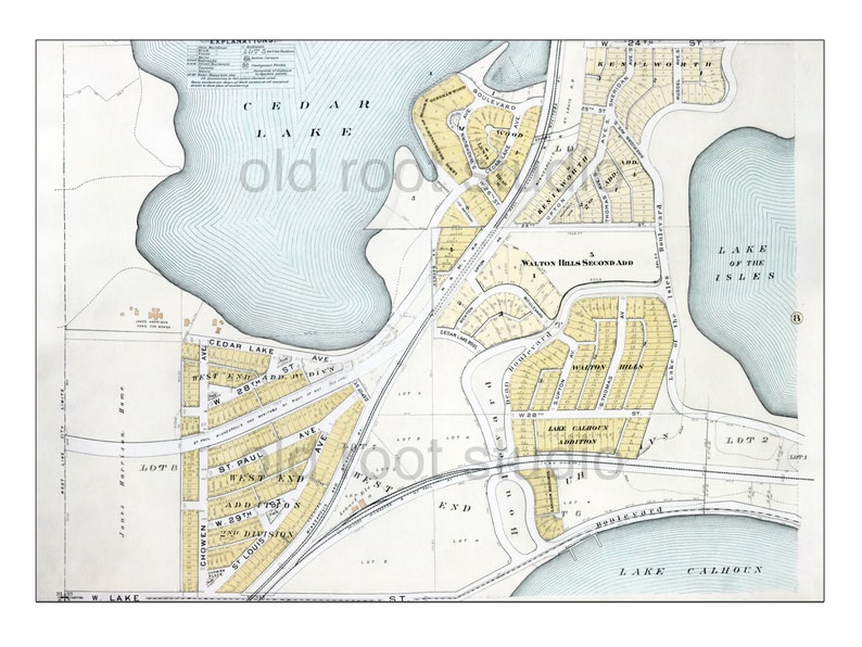Hand Painted Map of Minneapolis, 1903 / Lakes Calhoun / Cedar Lake ...