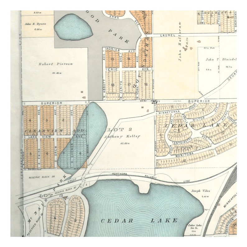 Hand Painted Map of Minneapolis 1892 / Cedar Lake / Bryn Mawr - Etsy
