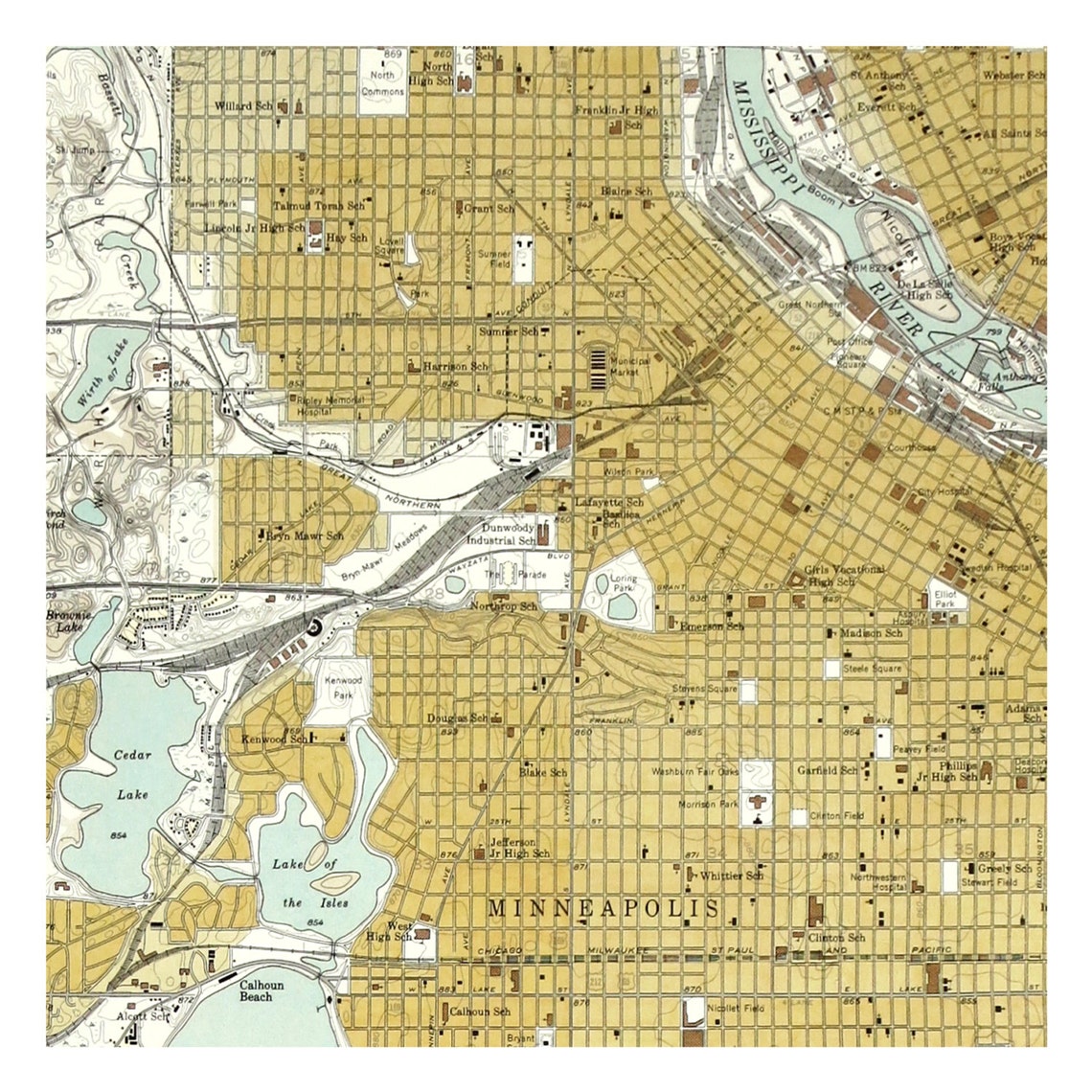 Hand Painted Map of South Minneapolis, 1952 / Vintage Minneapolis Map ...