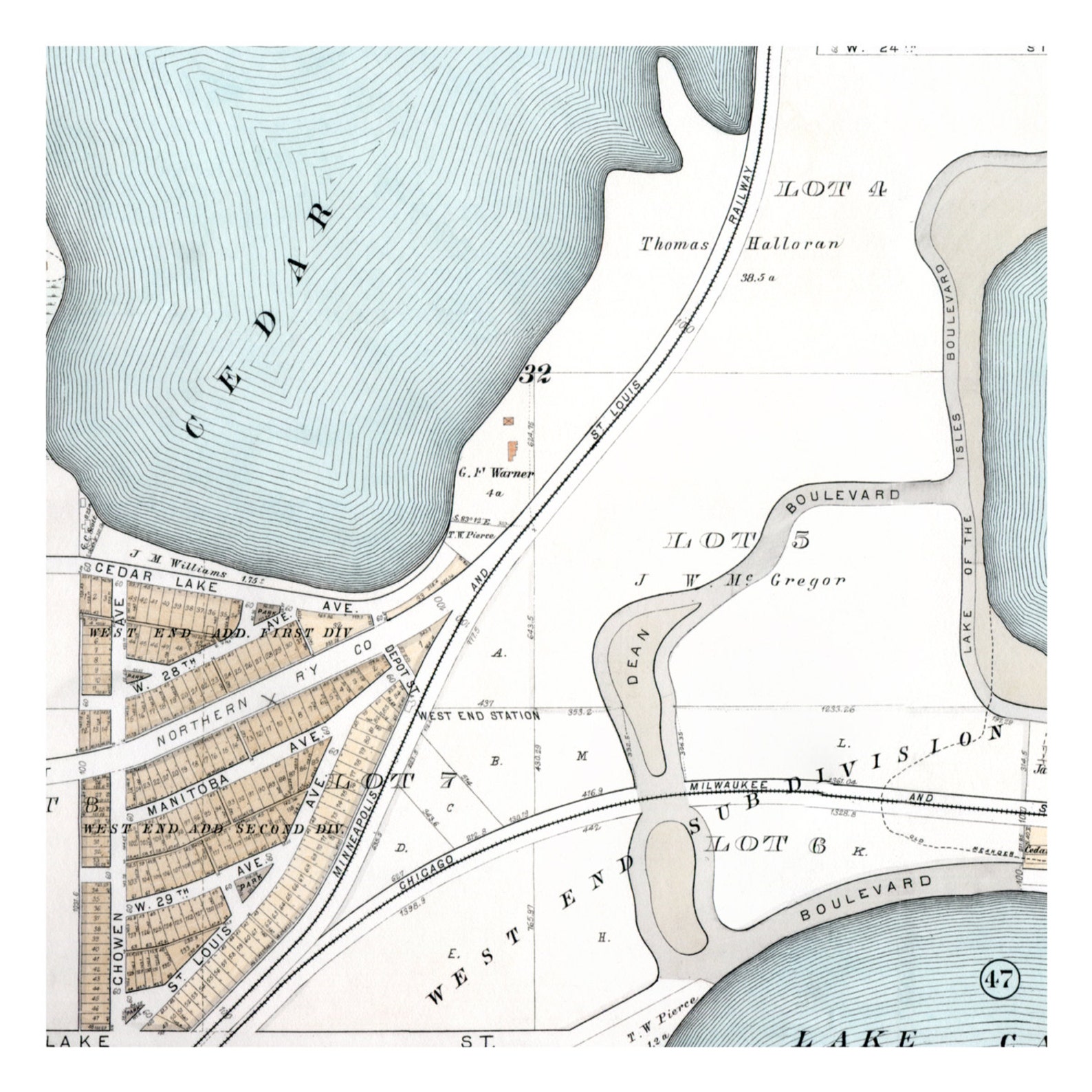 Hand Painted Map of Minneapolis, 1892 / Lake Calhoun / Cedar Lake ...