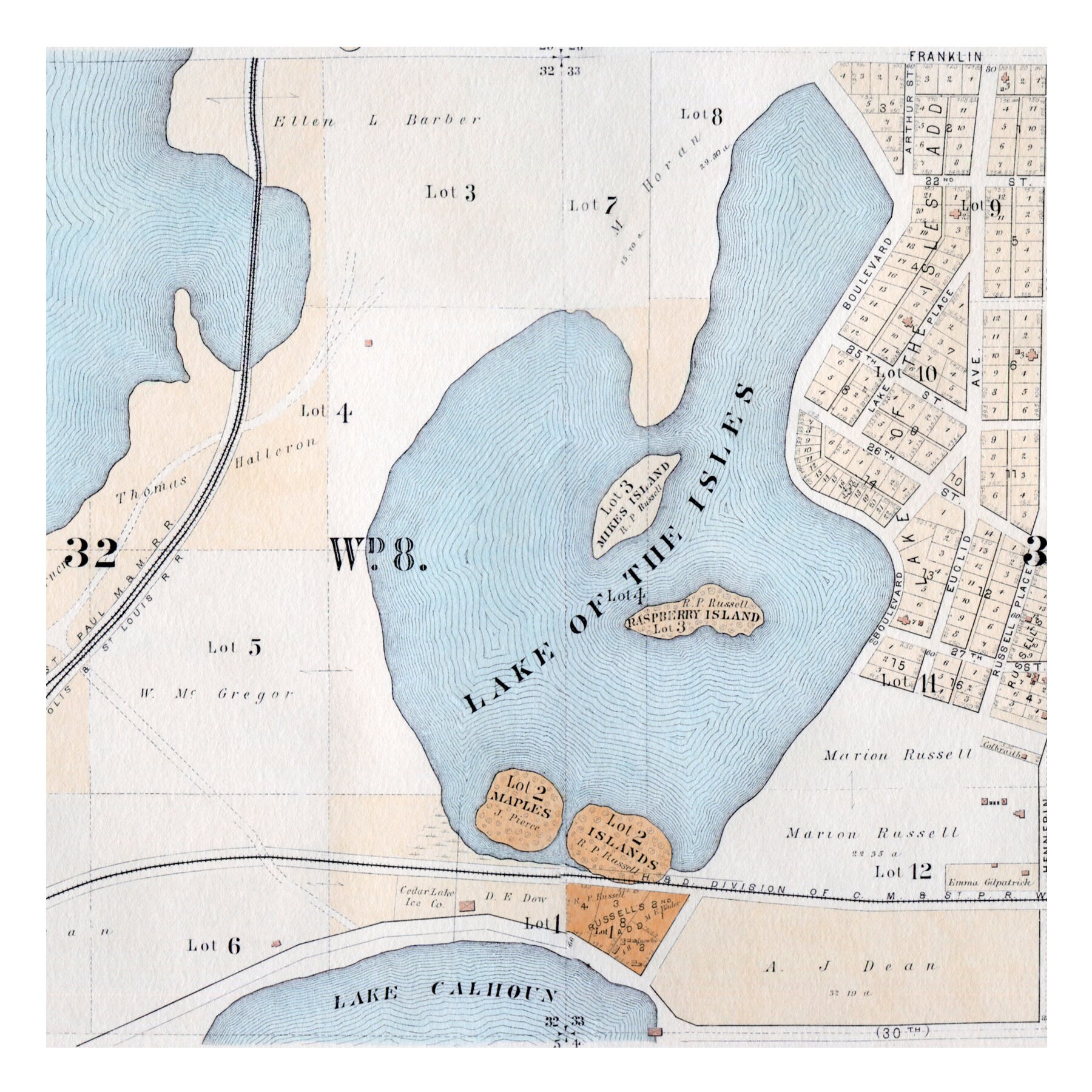 Hand Painted Map of Minneapolis, 1885 / Lake of the Isles / Cedar Lake ...