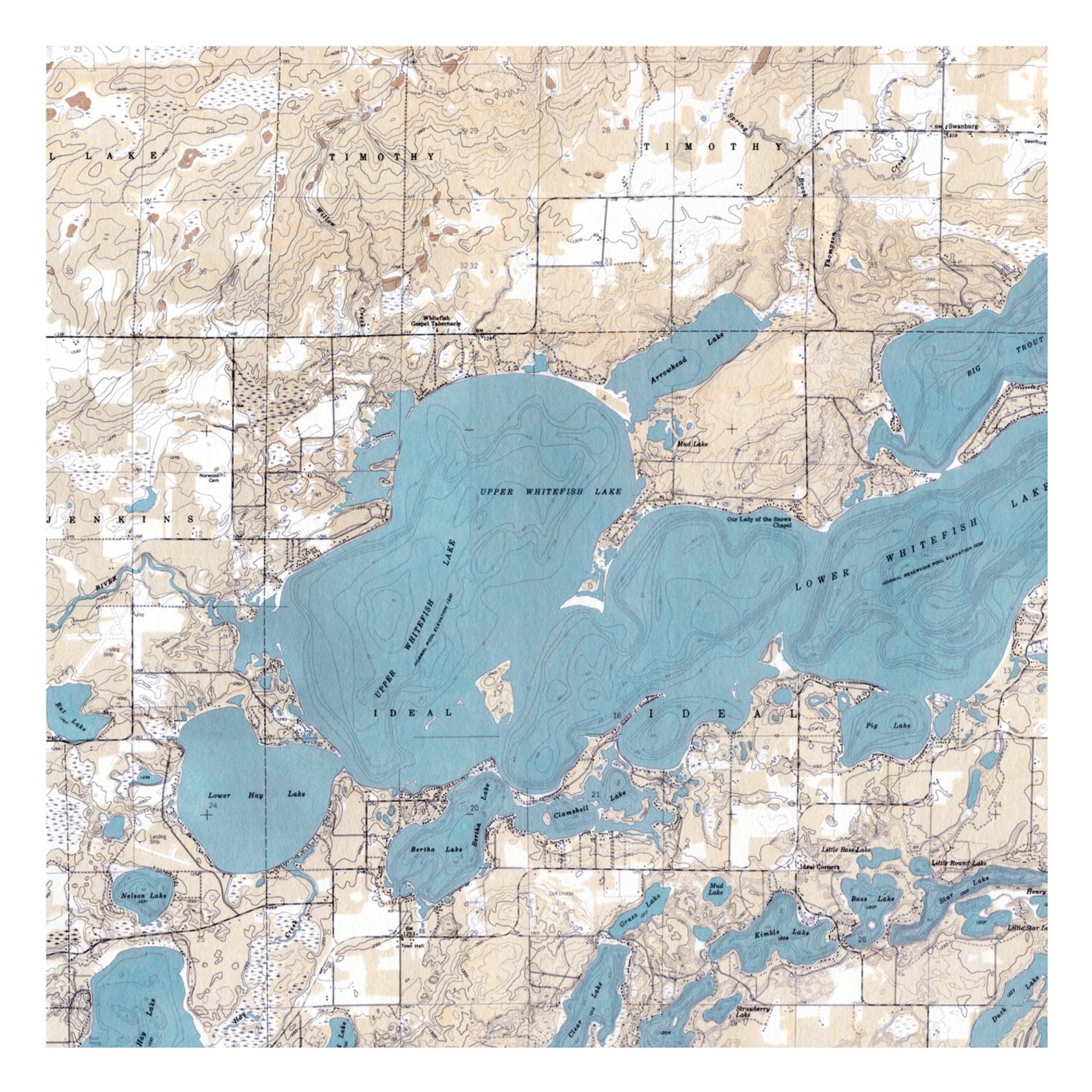 Hand Painted Map of the Whitefish Chain of Lakes, Minnesota 1959 / Old ...