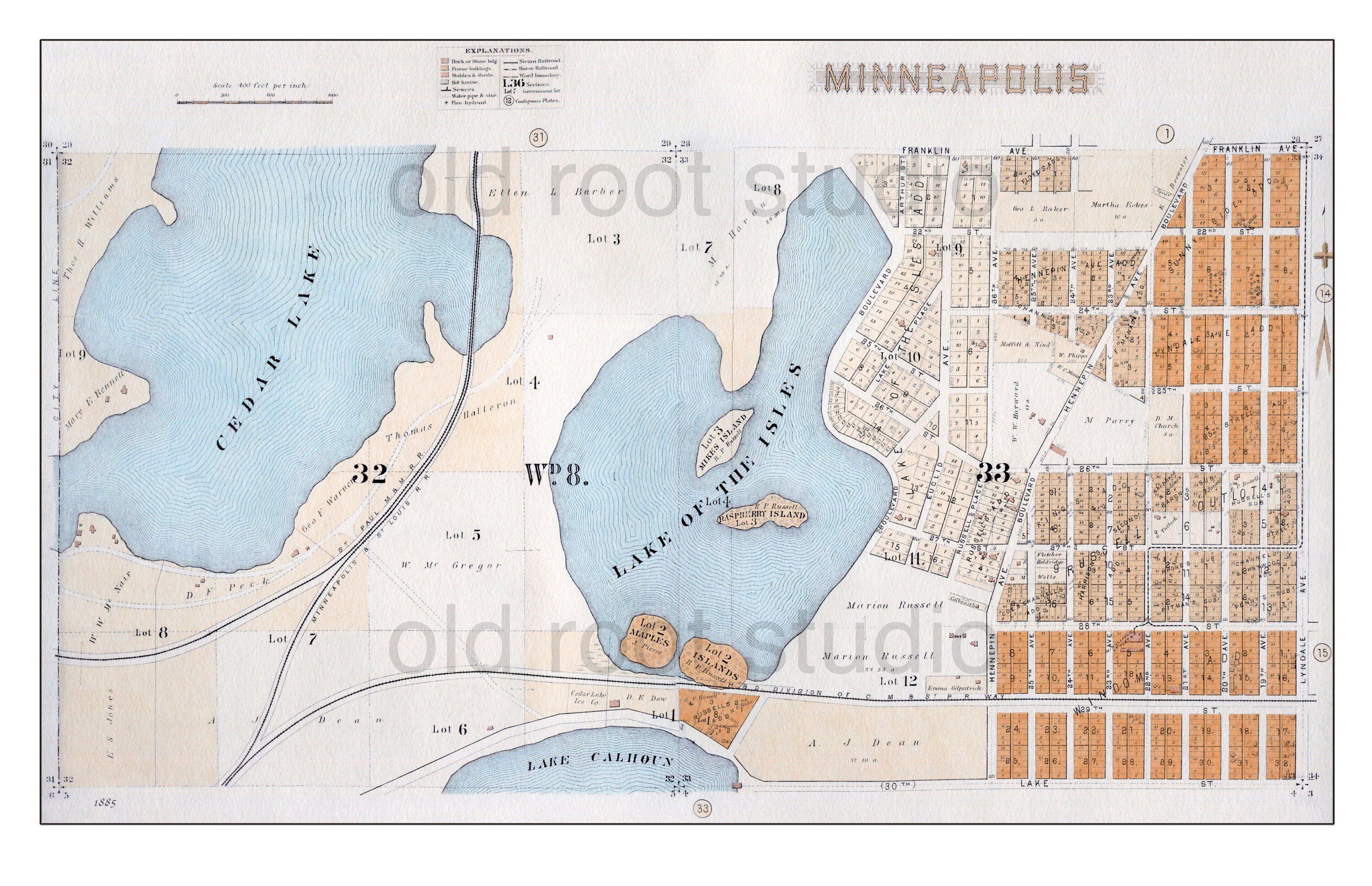 Hand Painted Map of Minneapolis, 1885 / Lake of the Isles / Cedar Lake ...