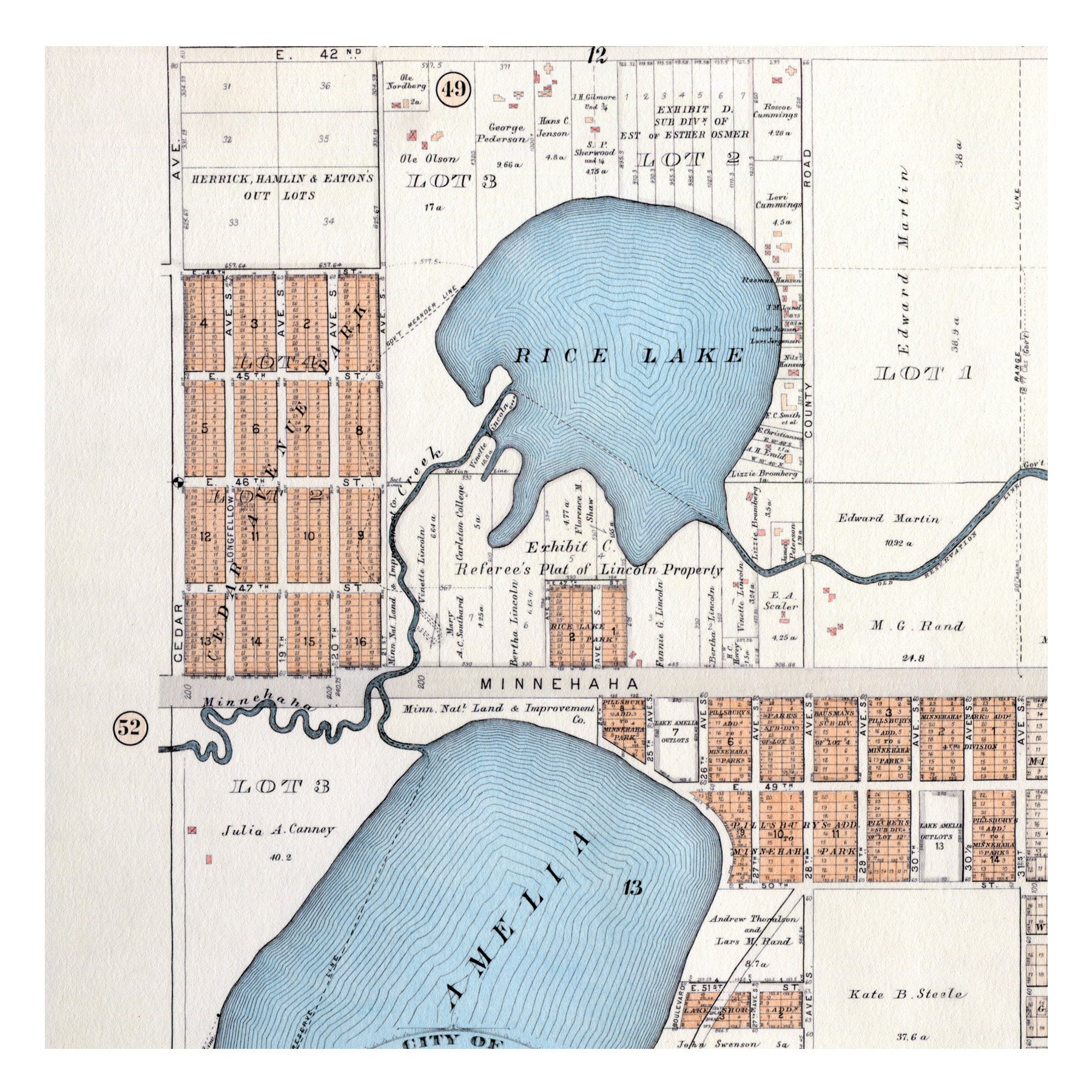 Hand Painted Map of Minneapolis, 1892 / Lake Nokomis / Lake Hiawatha ...