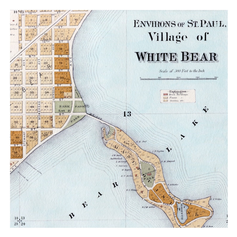 Hand Painted Map of White Bear Lake, 1886 / Vintage White Bear Map ...