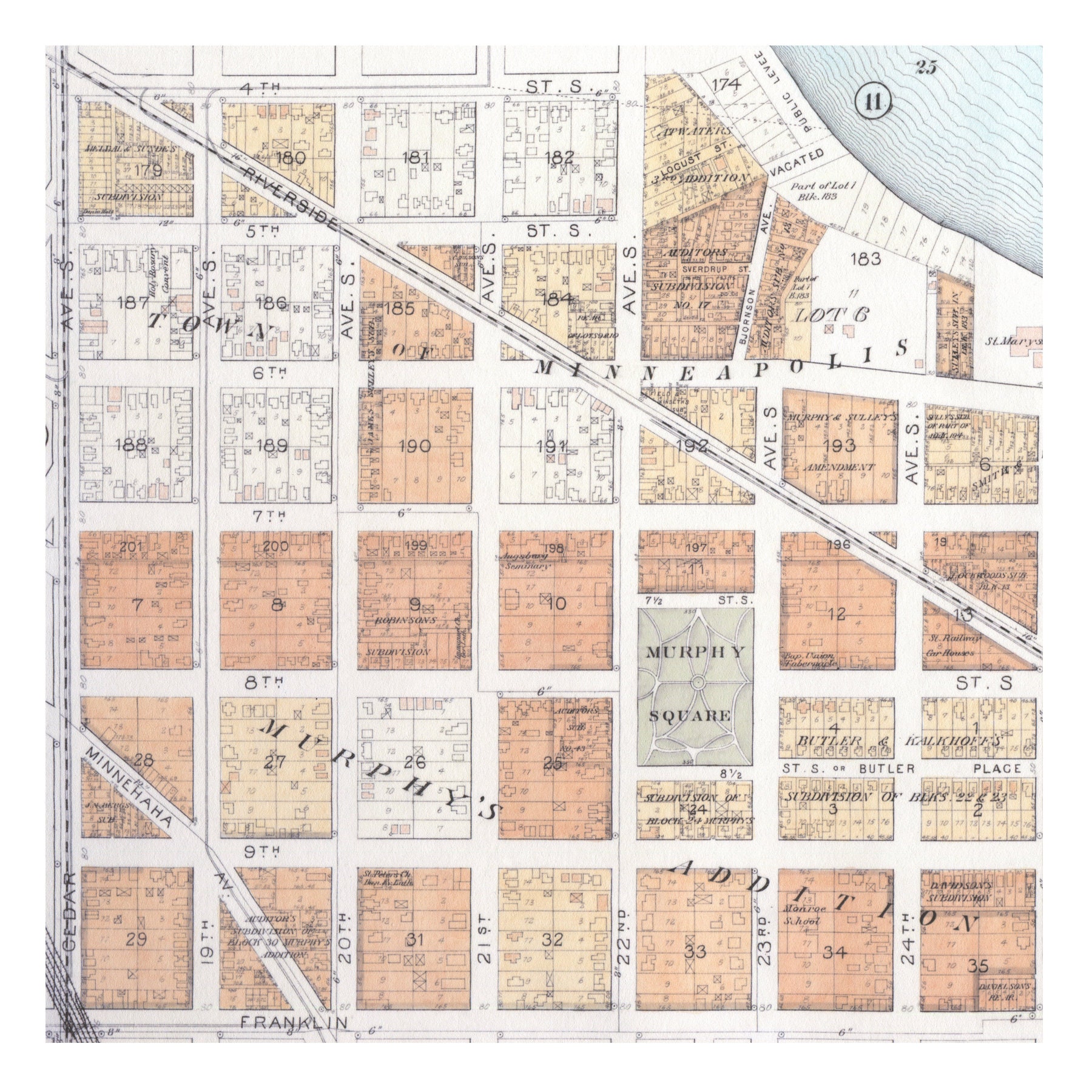 Hand Painted Map of Minneapolis, 1892 / Cedar Riverside / University of ...