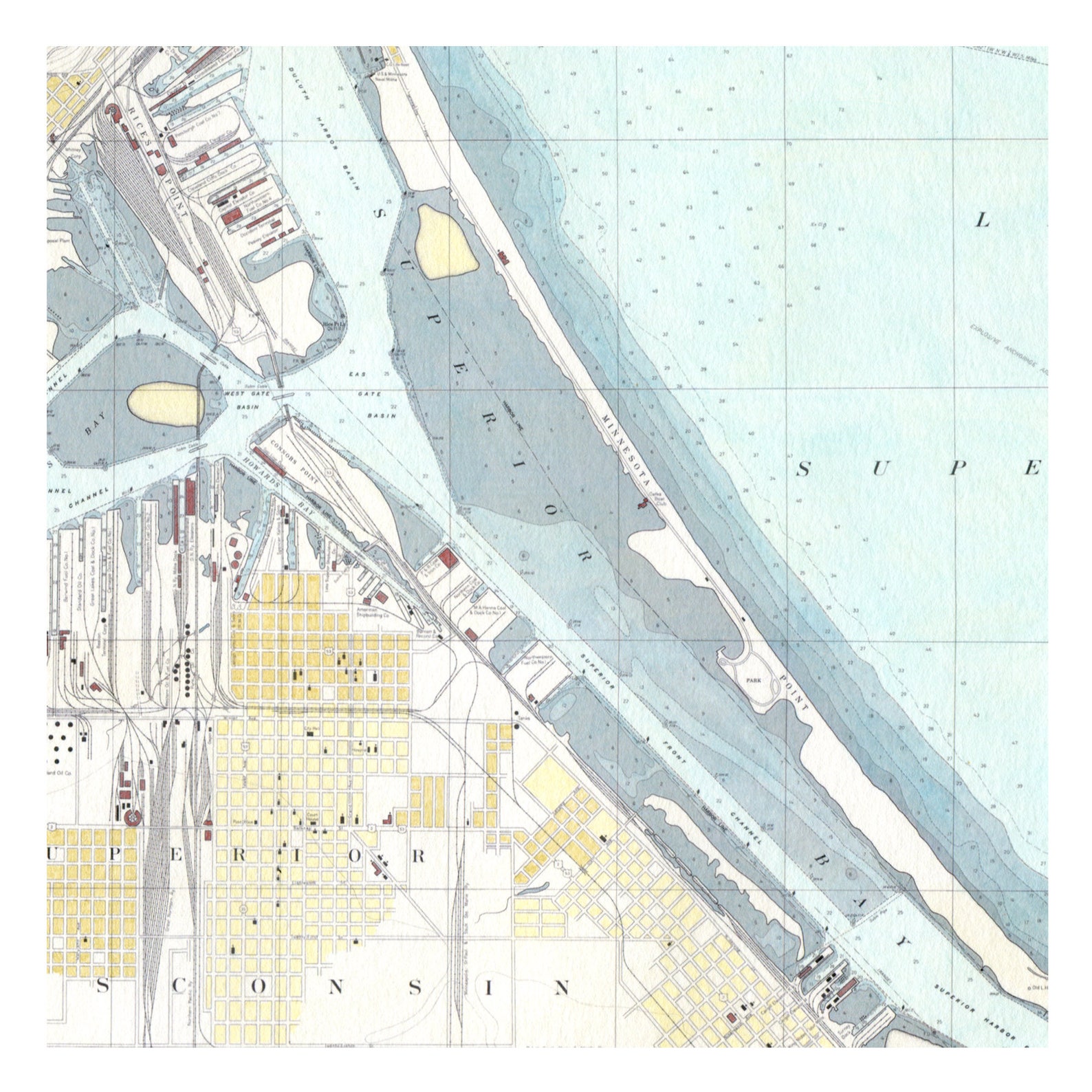 Hand Painted Map of the Duluth Superior Harbor, Minnesota, Wisconsin ...