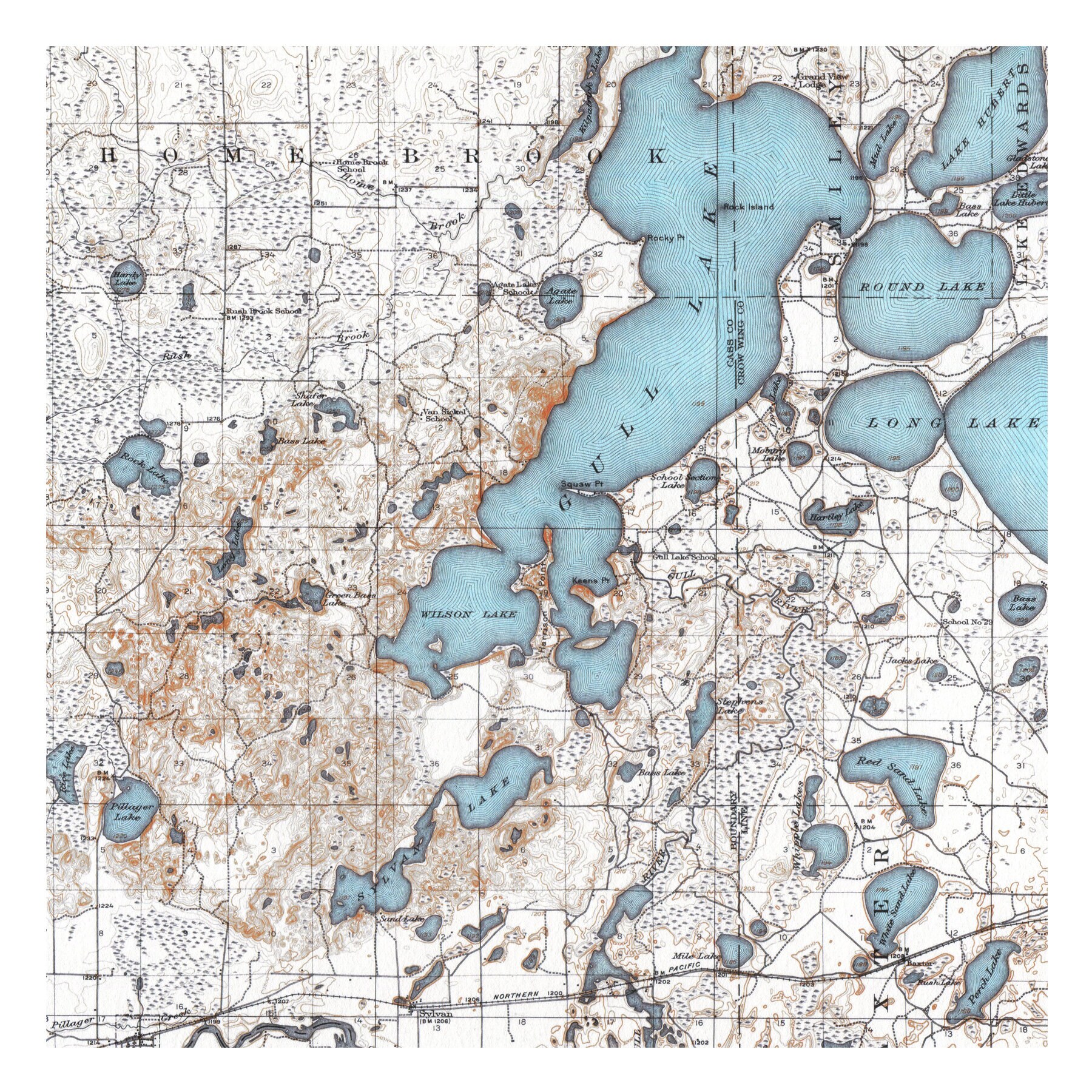 Hand Painted Map of Gull Lake, Long Lake, Brainerd, 1918 / Mississippi ...
