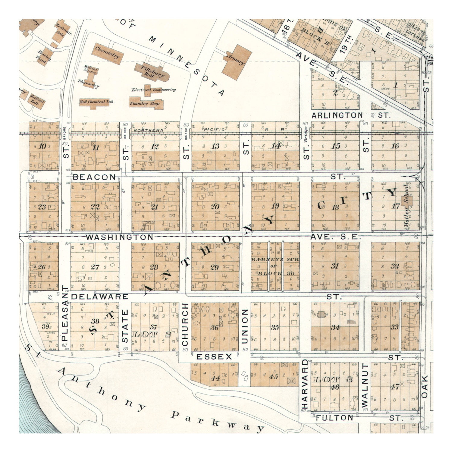 Hand Painted Map of Minneapolis, 1903 / University of Minnesota / U of ...