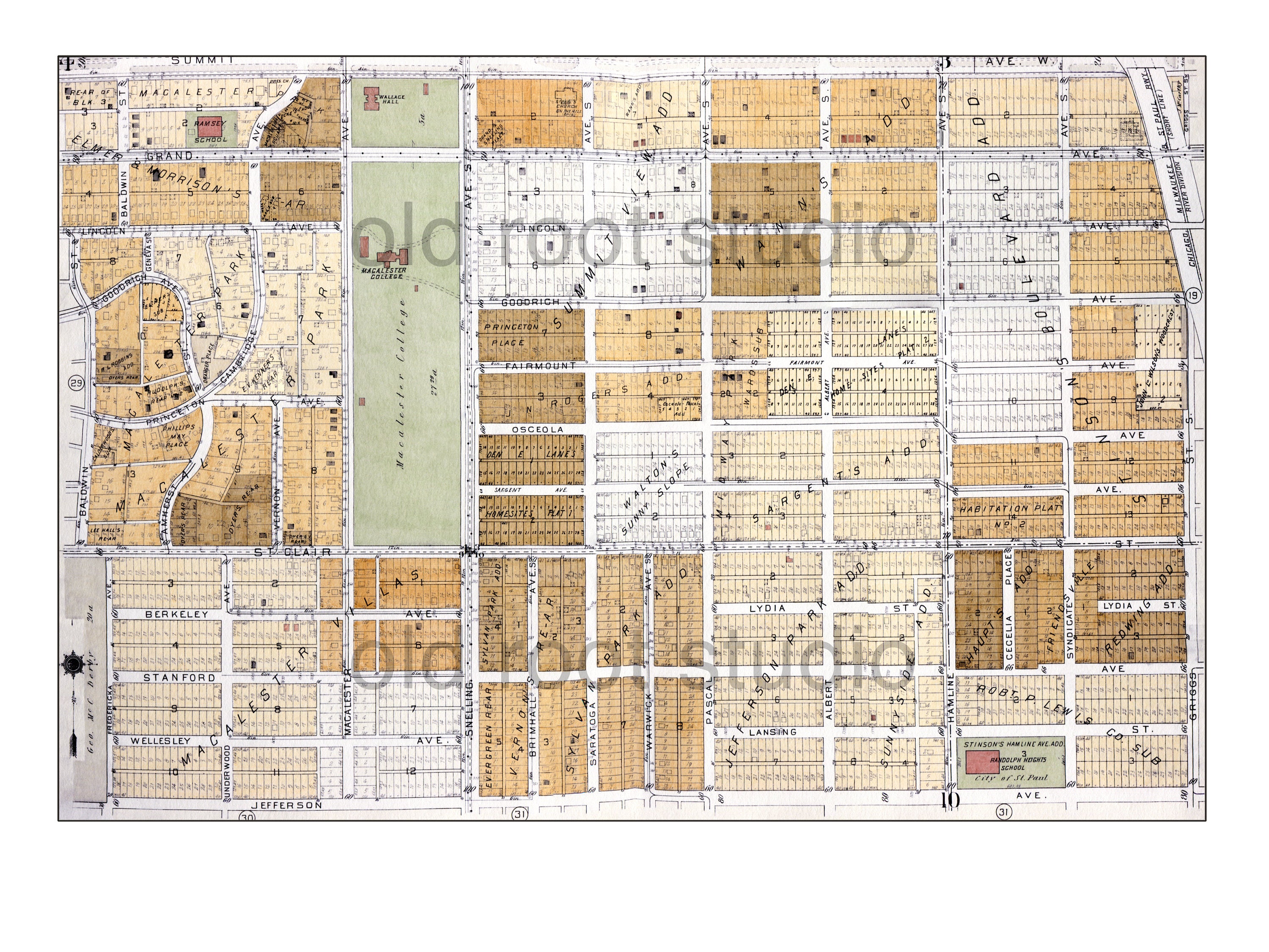 Hand Painted Map of the Mac Grove Neighborhood, St Paul, Minnesota, 1887