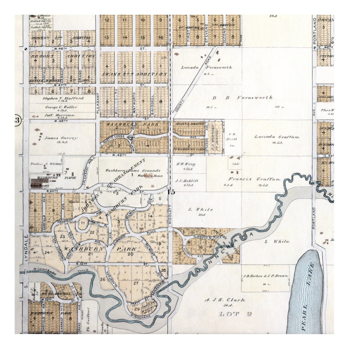 Hand Painted Map of Minneapolis, 1892 / Diamond Lake / Minnehaha Creek ...