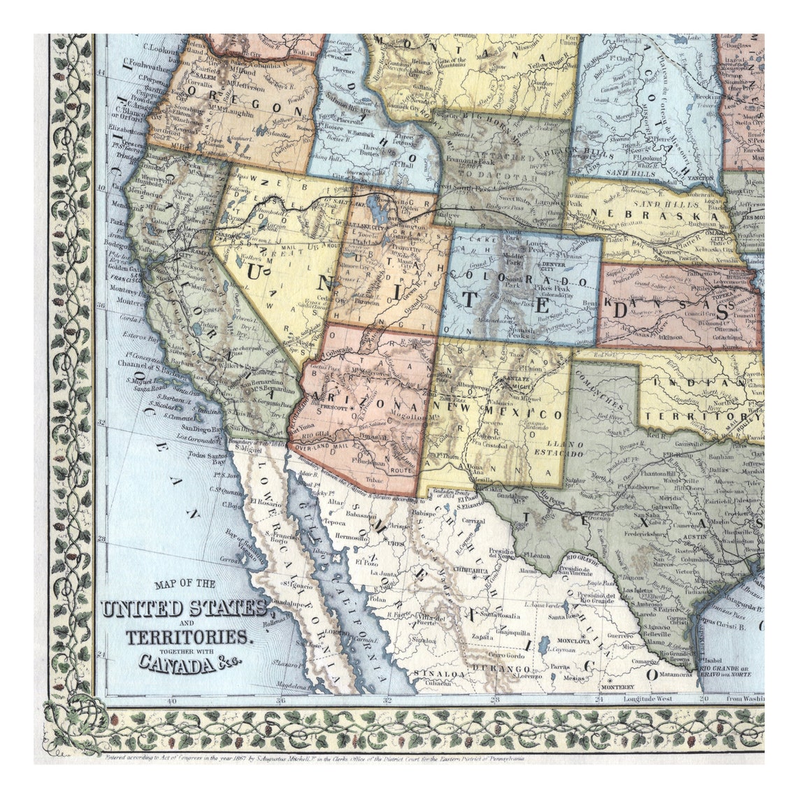 Hand Painted Map of the USA, 1867. Vintage United States Map, Antique ...