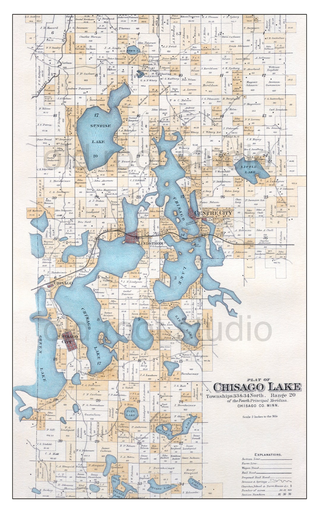 Hand Painted Map of Chisago Lakes Minnesota, 1888 / Vintage Chisago Map ...