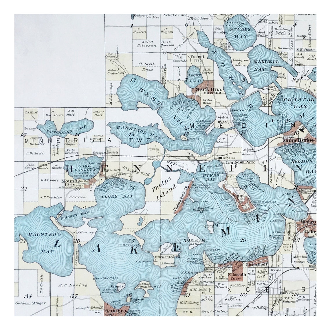 Hand Painted Map of Lake Minnetonka, 1903 / Vintage Minnetonka Map ...