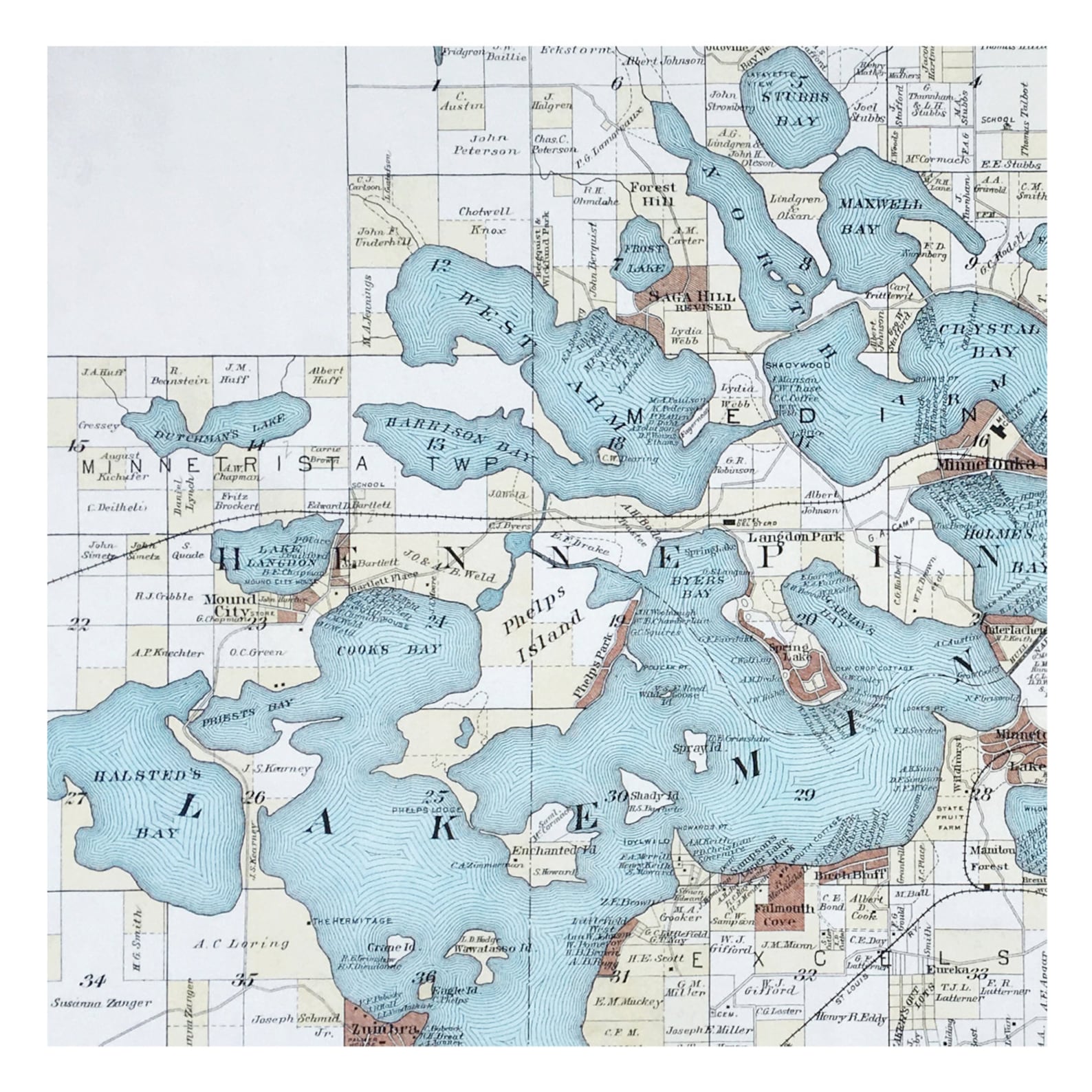 Hand Painted Map of Lake Minnetonka, 1903 / Vintage Minnetonka Map ...