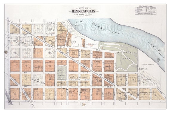 Hand Painted Map of Minneapolis 1892 / Cedar Riverside / | Etsy