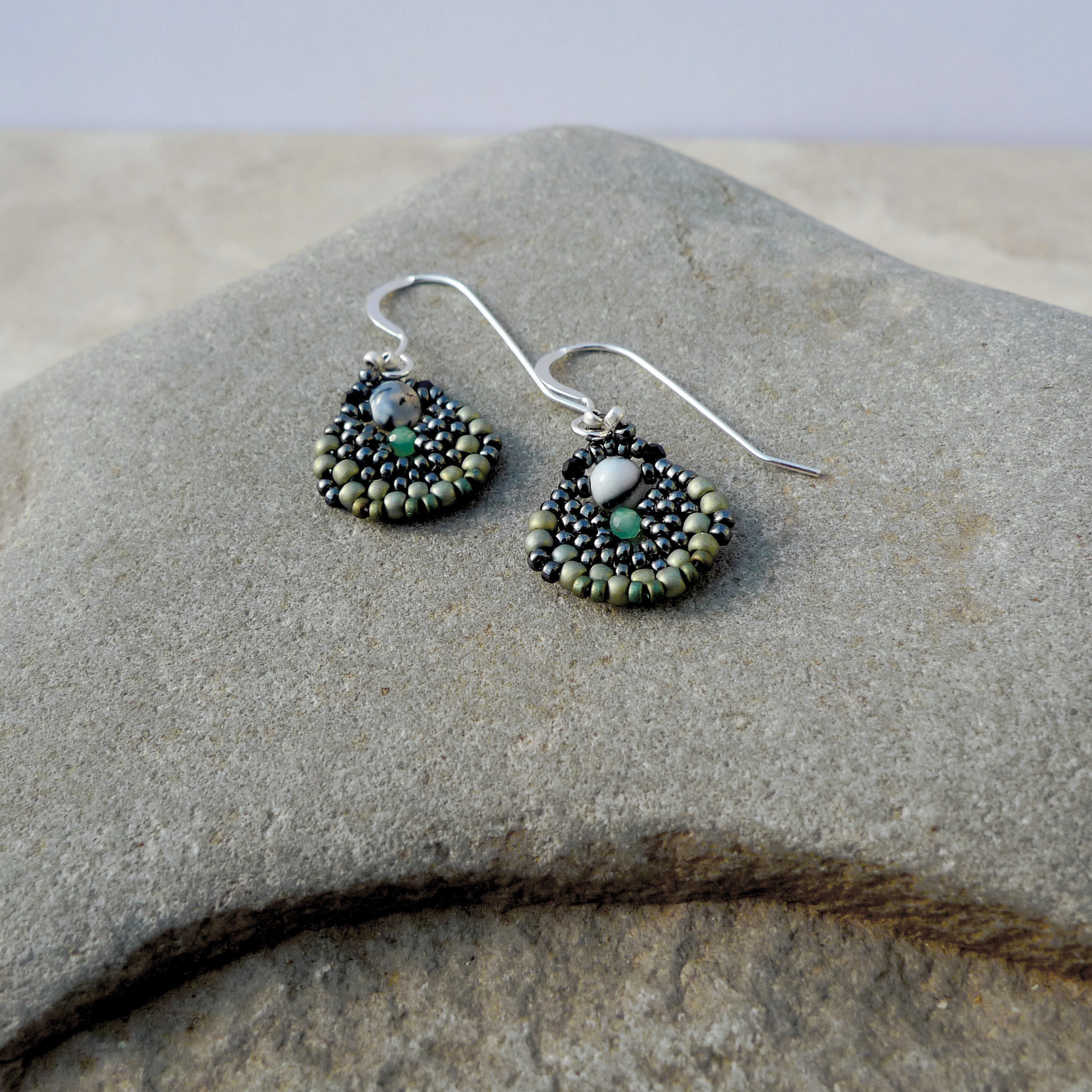 Earrings With White Agate, Snowflake Jade and Black Spinel Gemstones ...
