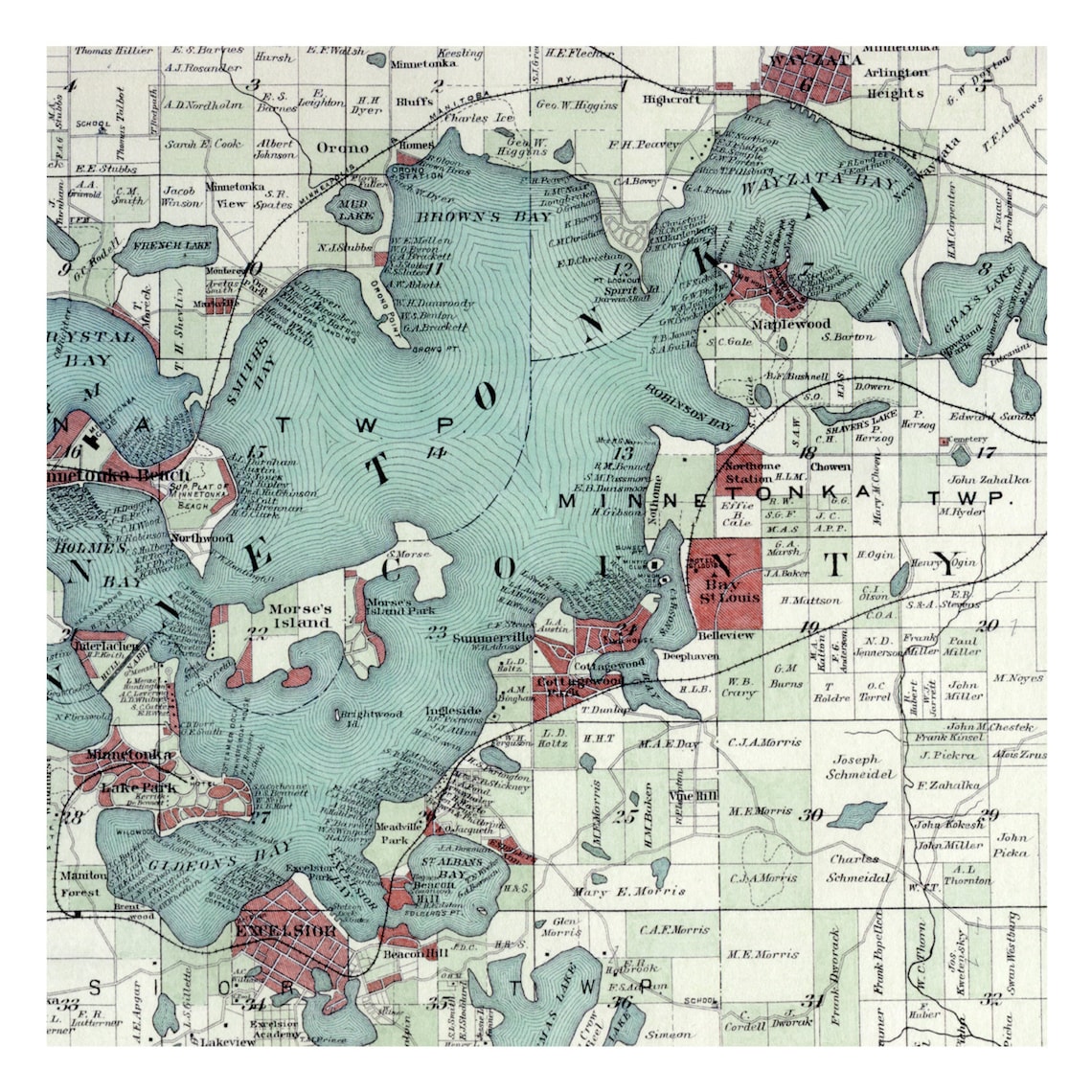 Hand Painted Map of Lake Minnetonka, 1903 / Vintage Minnetonka Map ...