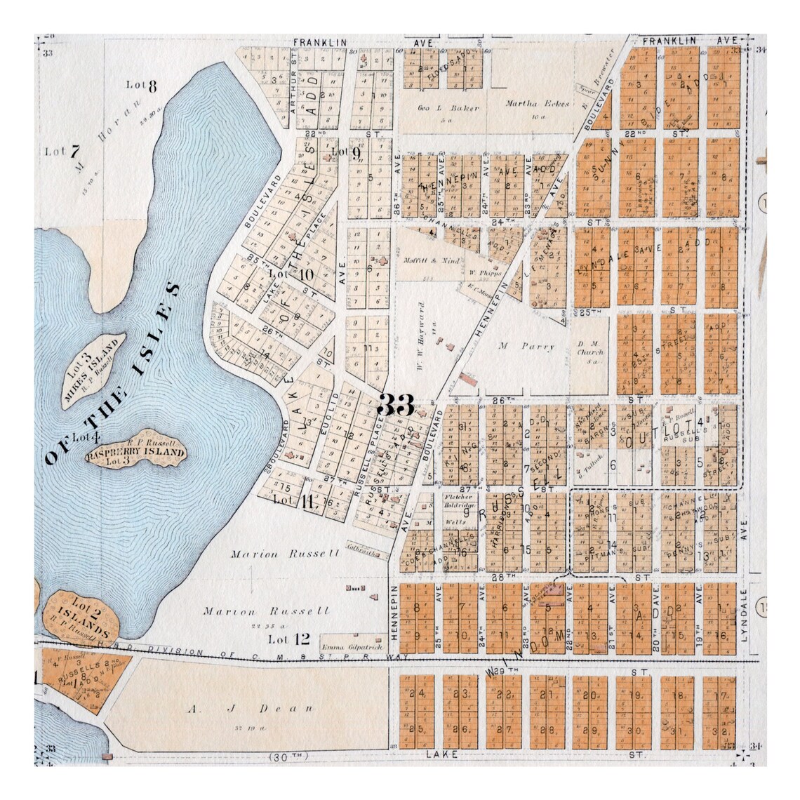 Hand Painted Map of Minneapolis, 1885 / Lake of the Isles / Cedar Lake ...