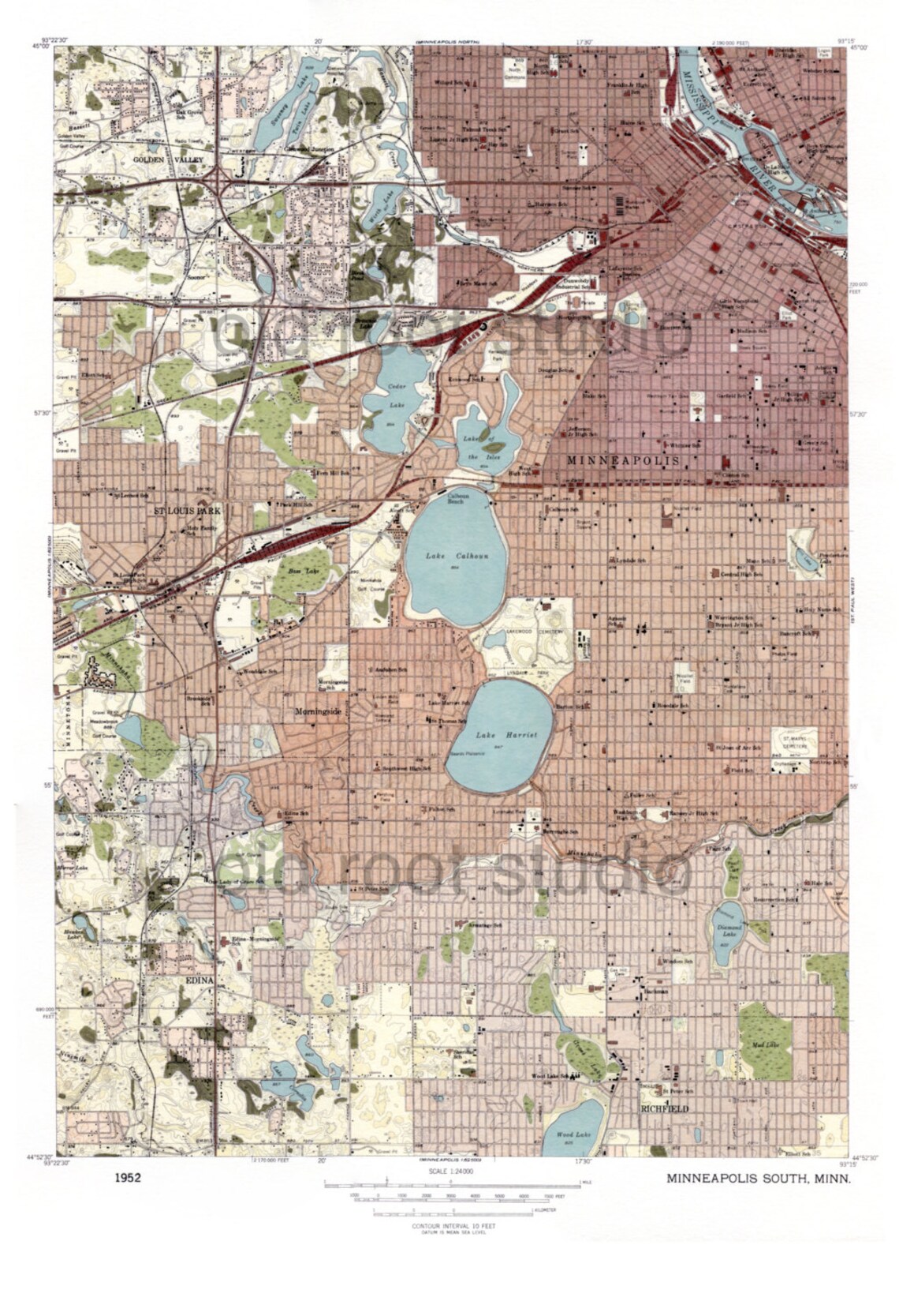 Hand Painted Map of South Minneapolis Minnesota 1952 / - Etsy