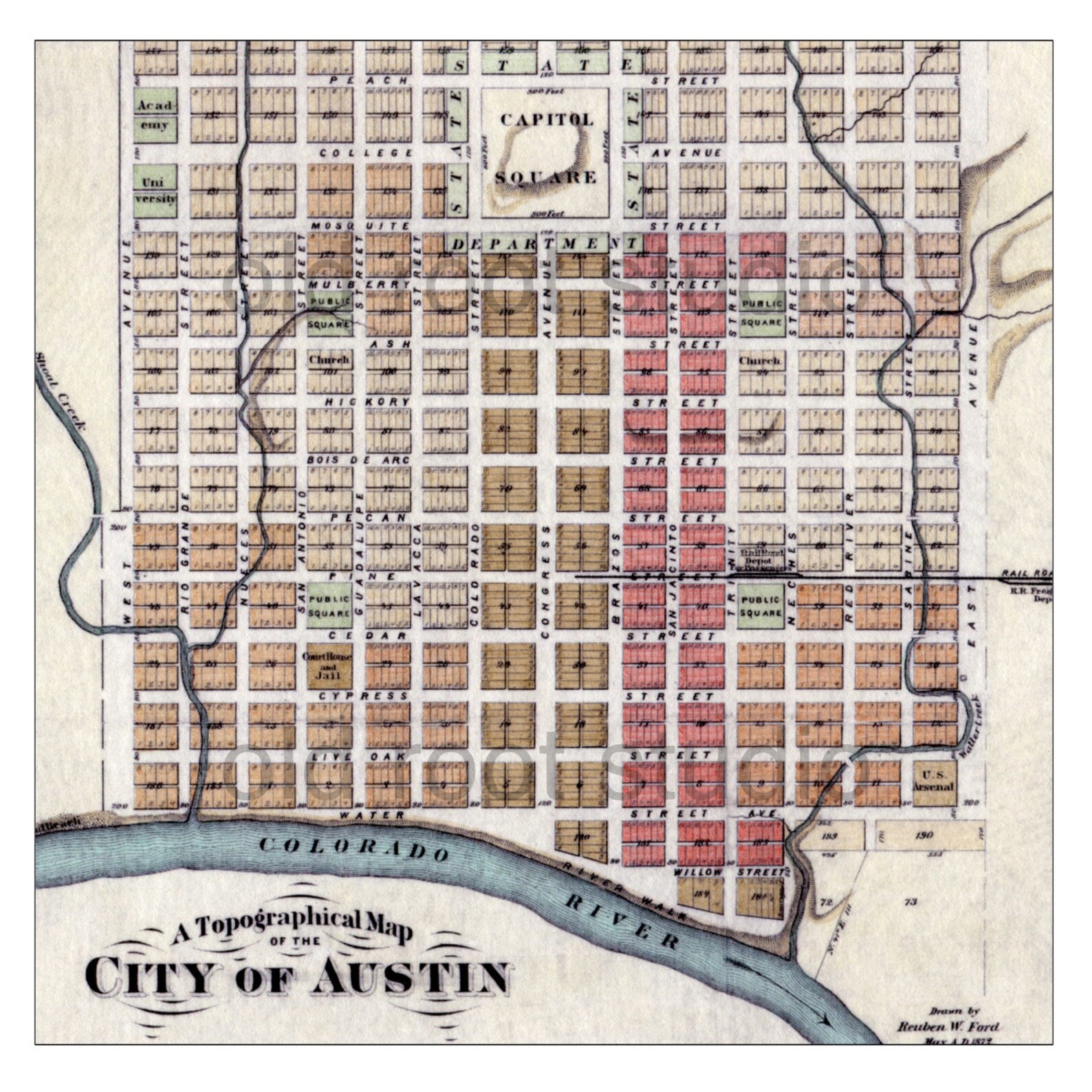 Hand Painted Map of Austin, Texas, 1872 / Vintage Austin Map / Austin ...